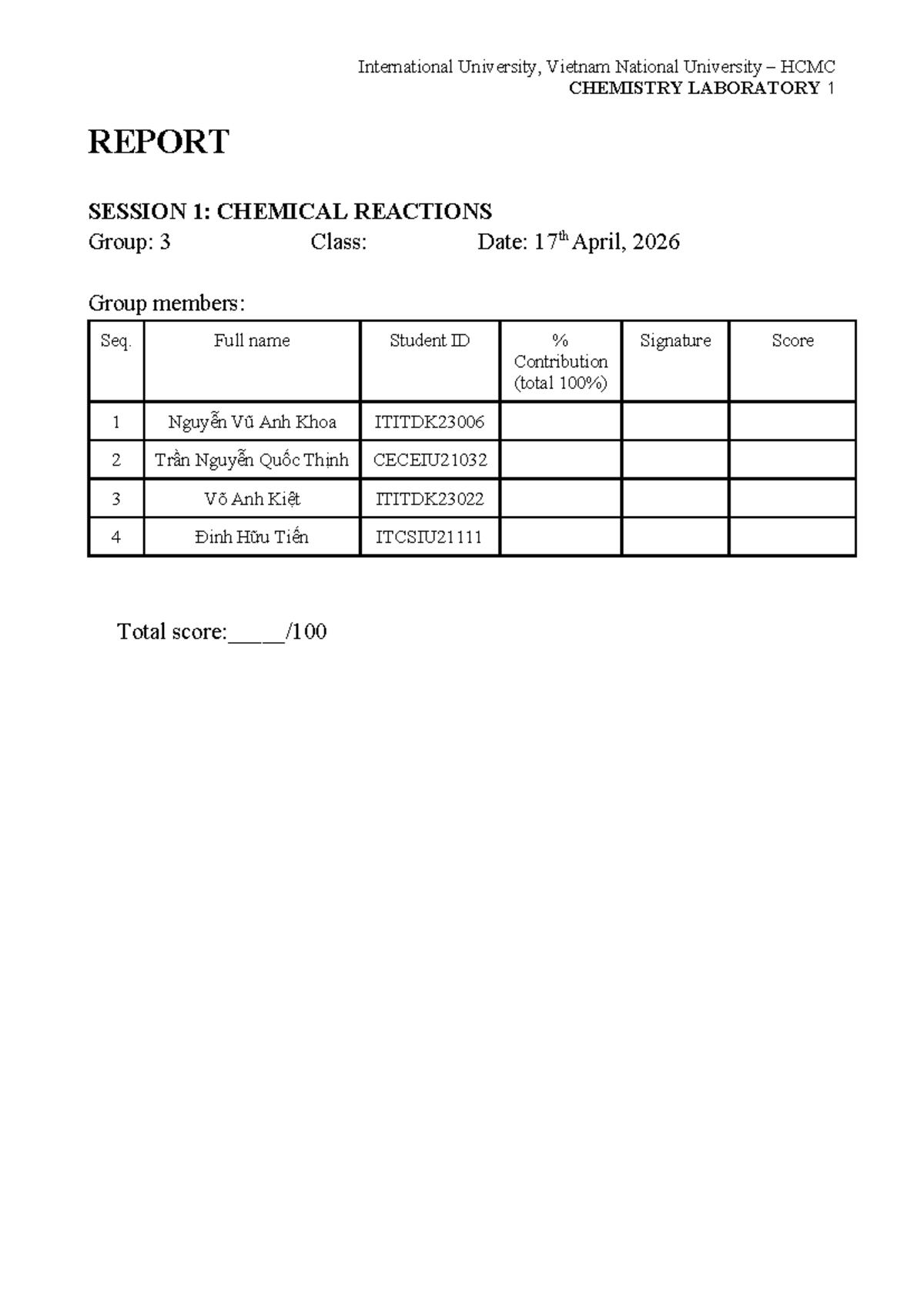 LAB Report Group 3: CHEMISTRY LAB 1 - Chemical Reactions Analysis - Studocu