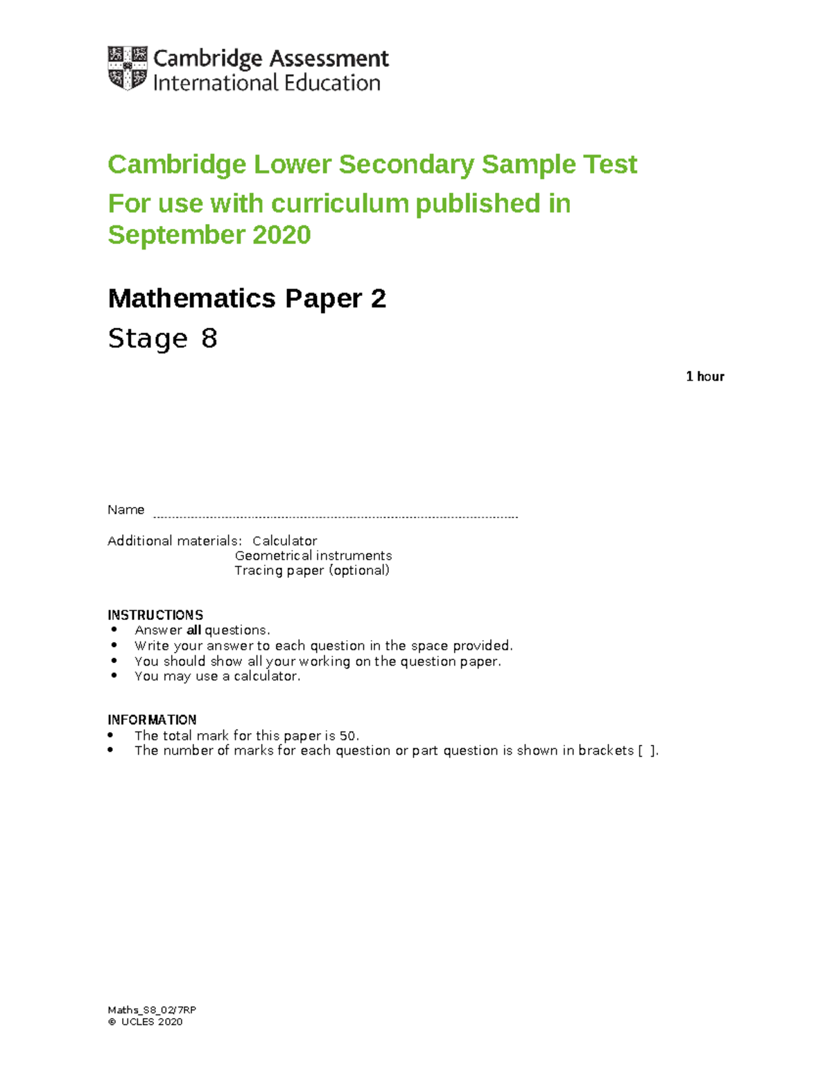 Cambridge Lower Secondary Mathematics Paper 2 Sample Test (Stage 8 ...
