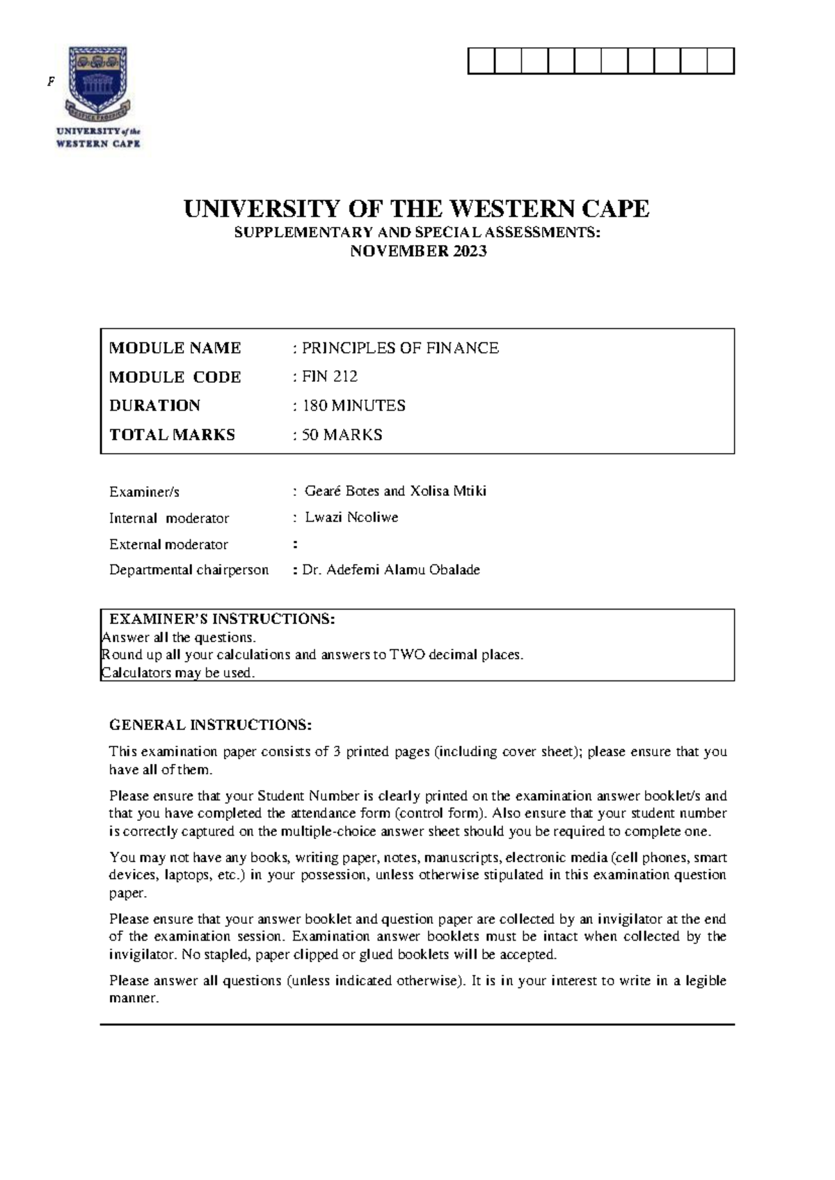 FIN 212 2023 Supplementary Exam - Principles of Finance Past Paper ...