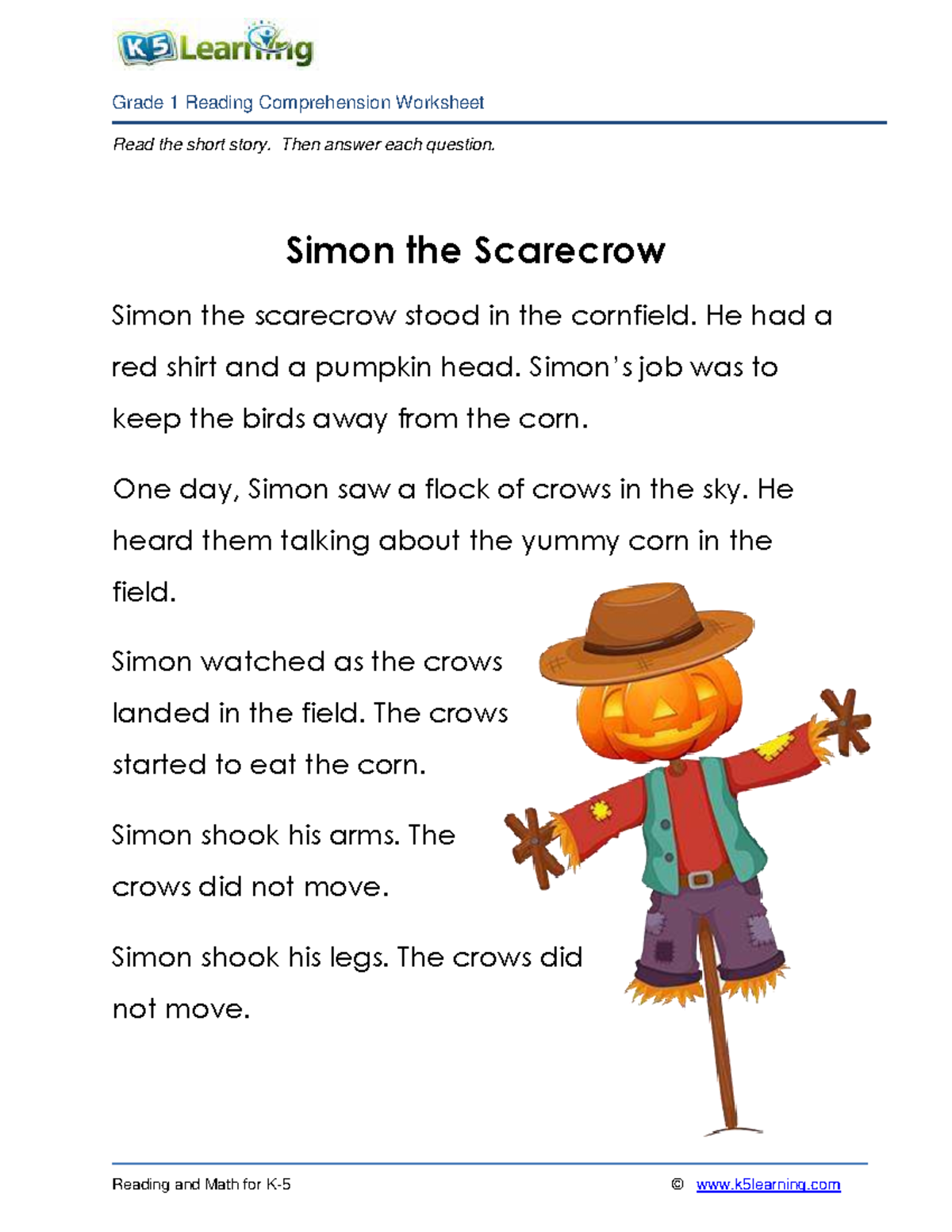 Grade 1 Reading Comprehension: Simon the Scarecrow Worksheet - Studocu