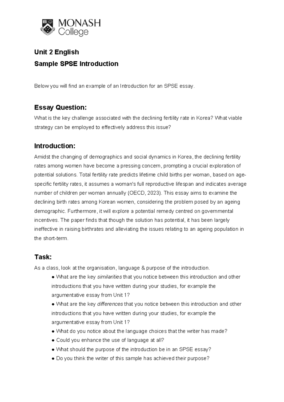Unit 2 English SPSE Essay: Sample Introduction Analysis - Studocu