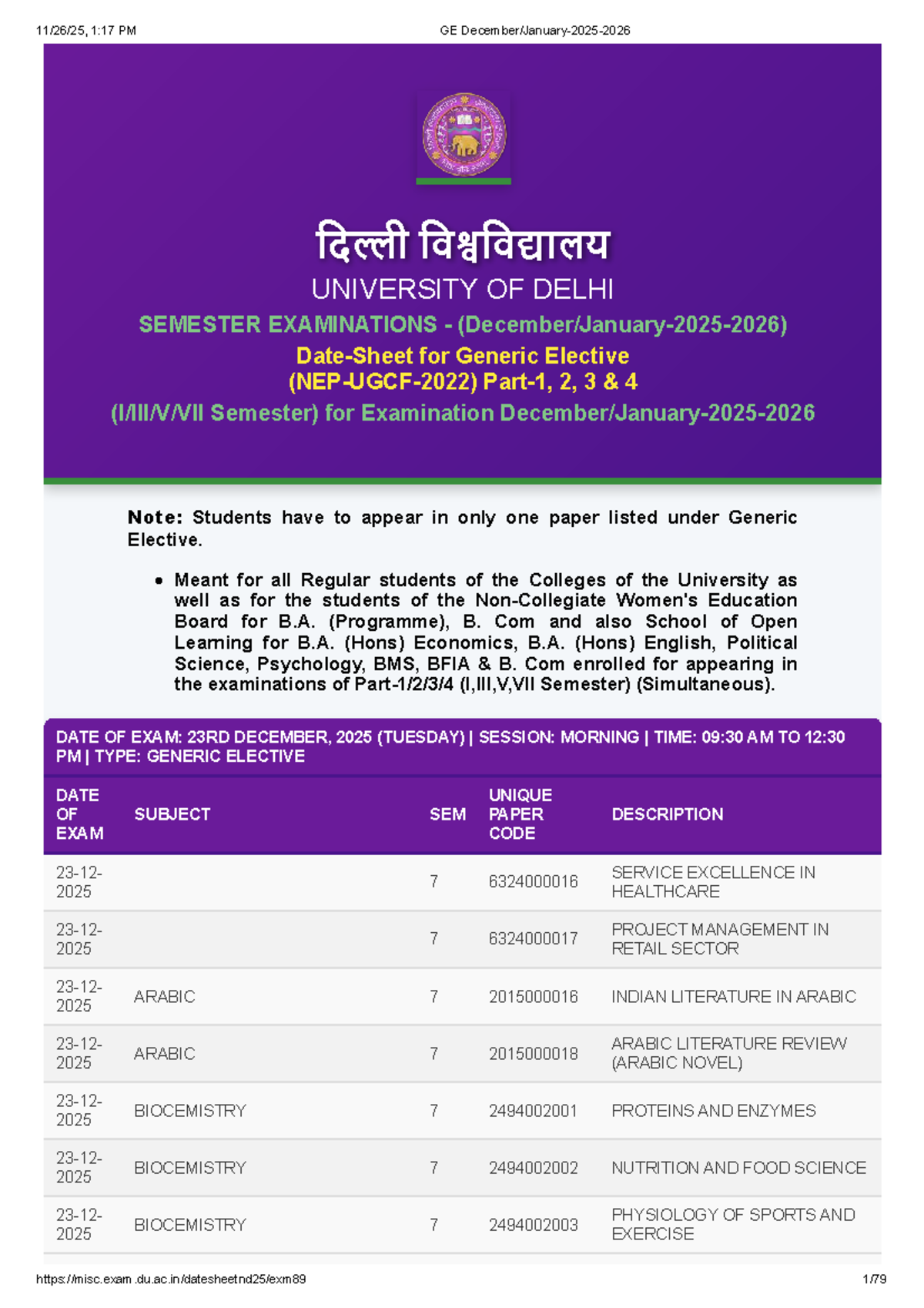 GE University of Delhi Generic Elective Exam Schedule (Dec 2025) - Studocu