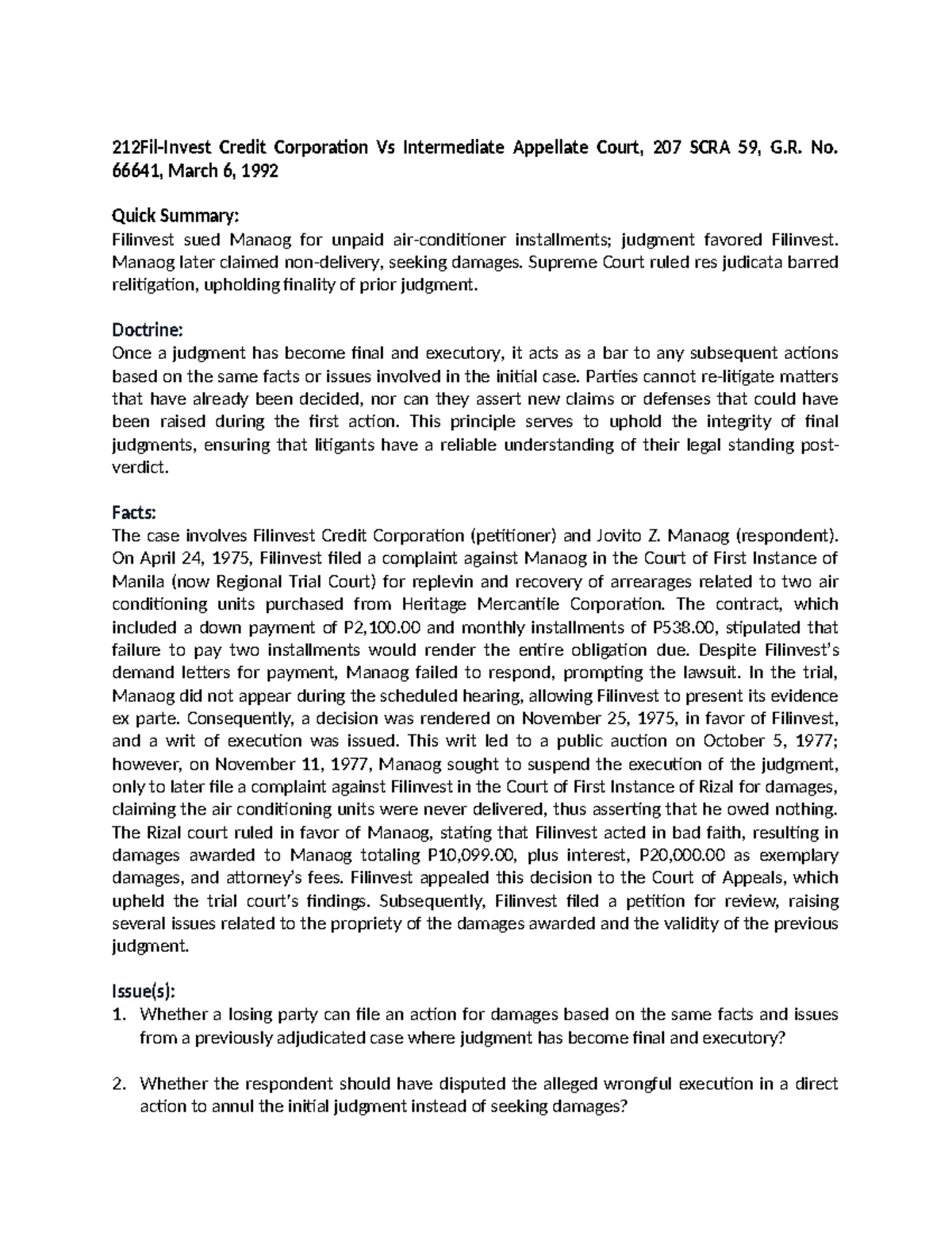 Filinvest Credit Corp. vs. Intermediate Appellate Court: Case Summary ...