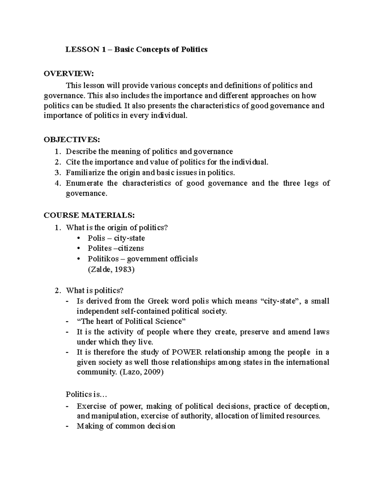 Lesson 1 – Basic Concepts of Politics - LESSON 1 – Basic Concepts of ...