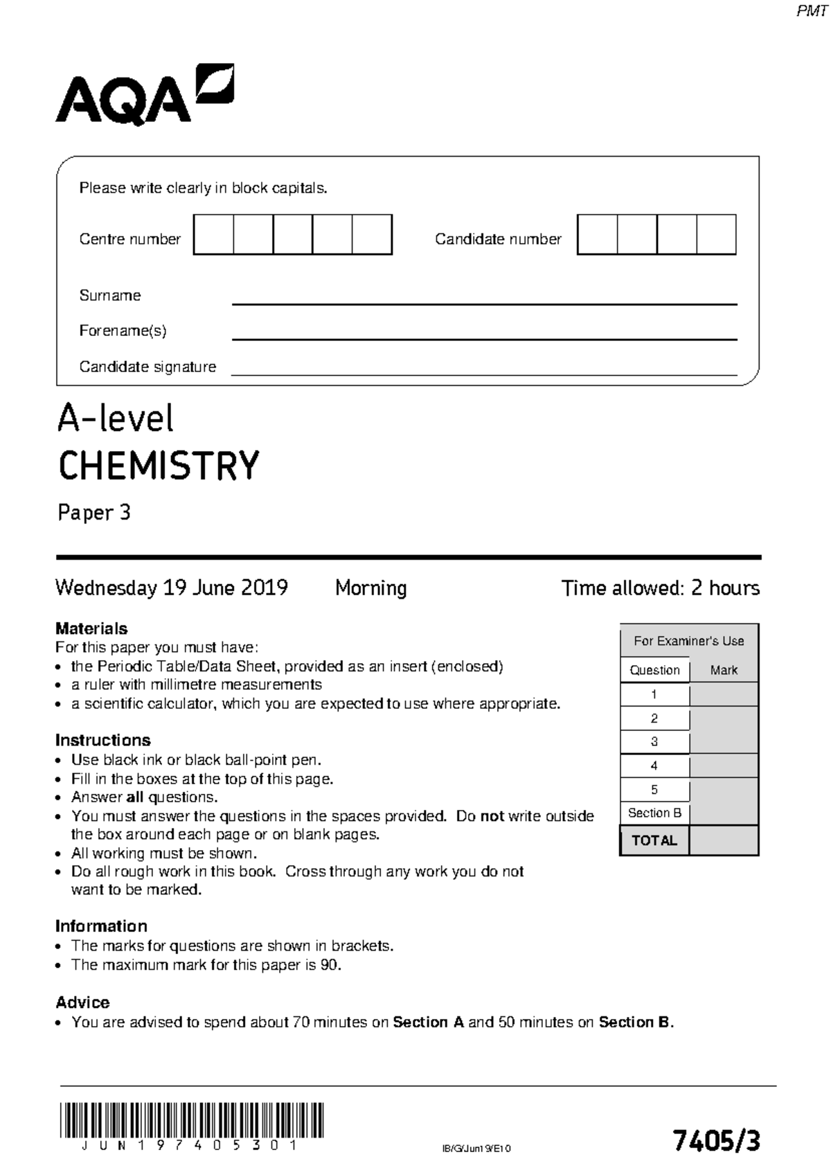 June 2019 A Level Chemistry Paper 3 - Question Paper - Studocu