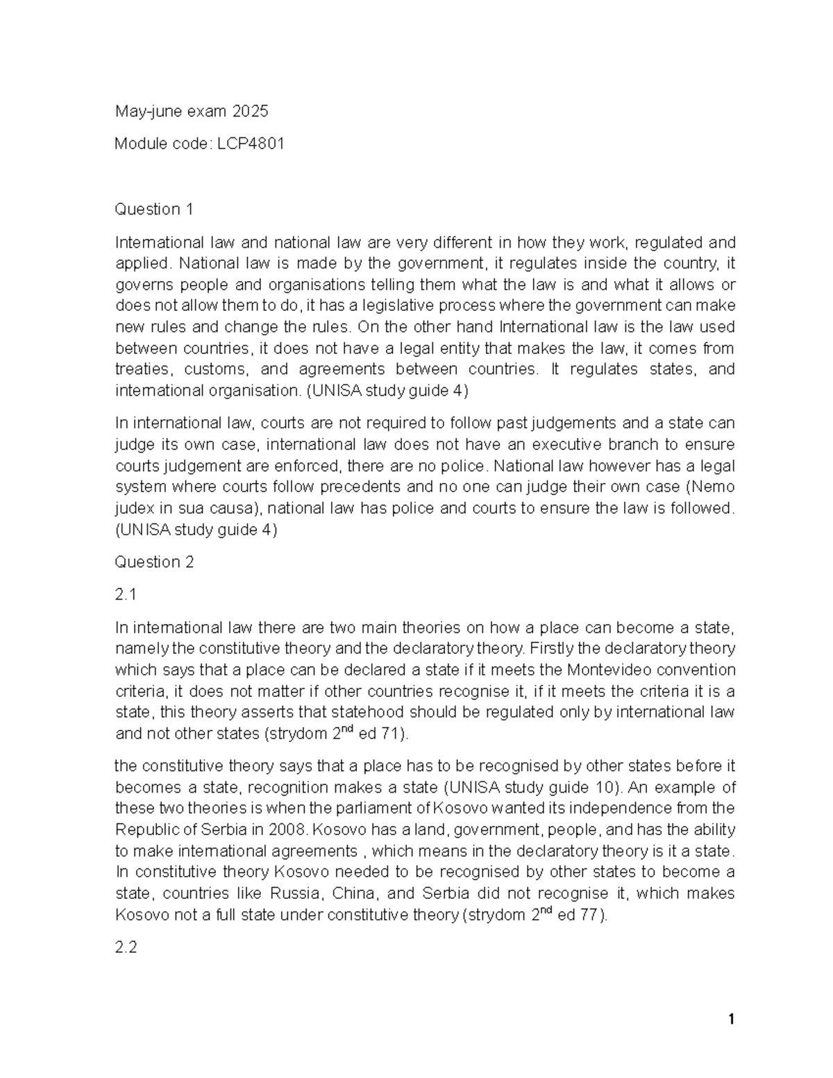 LCP4801 Final Exam Answers: International Law vs. National Law - Studocu