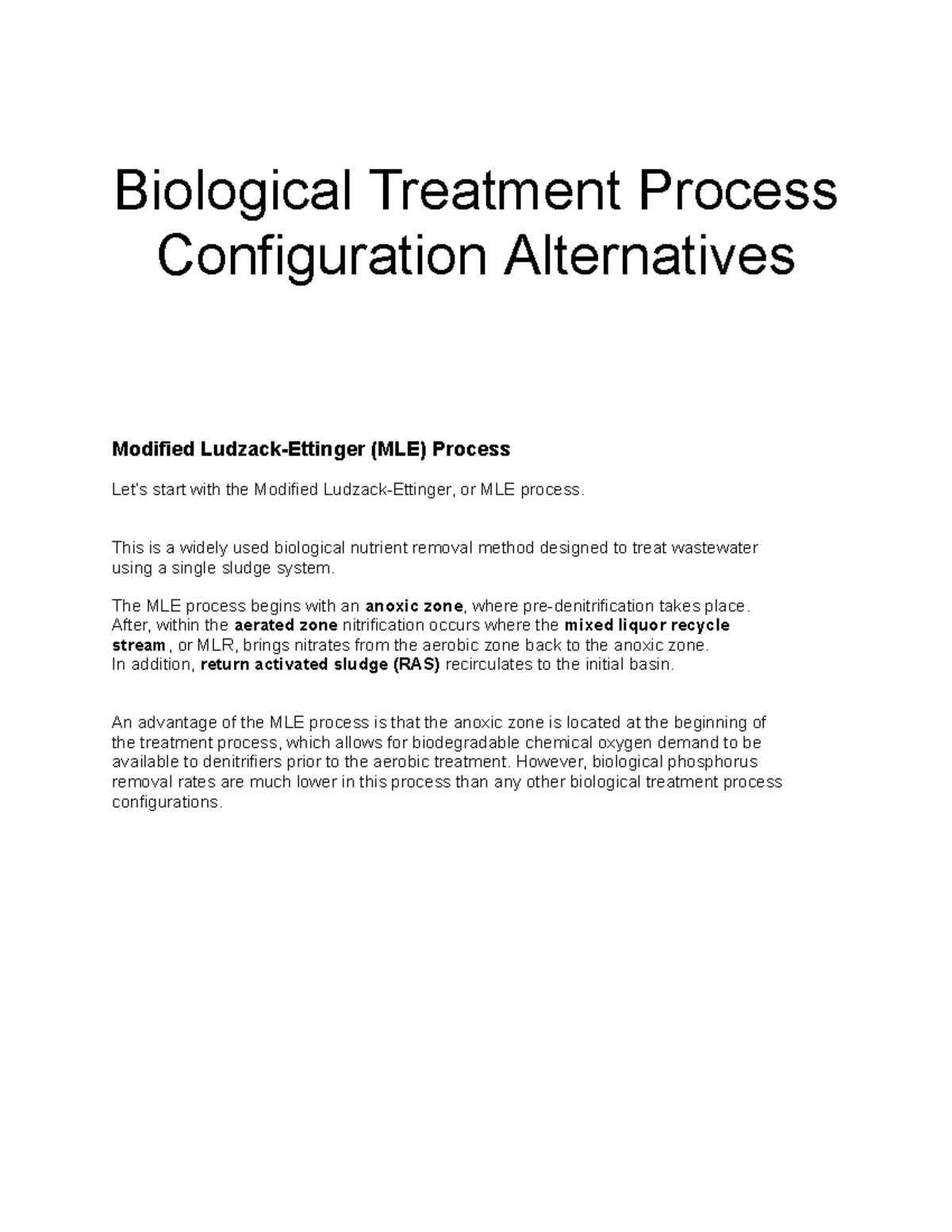 Biological Treatment Processes: MLE, A2O, Bardenpho Explained - Studocu