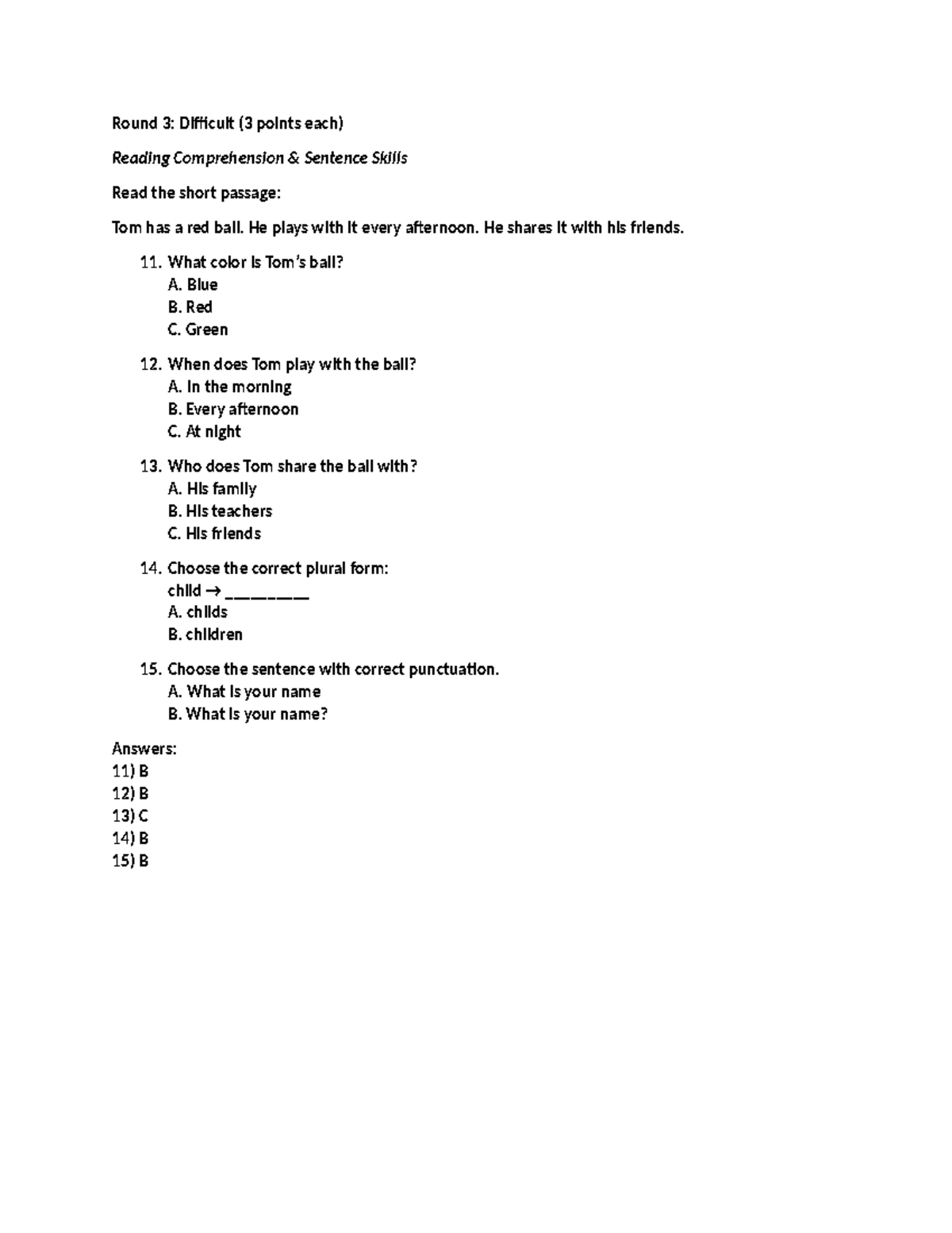 Grade 2 English Quiz Bee Part 3: Reading Comprehension Skills - Studocu