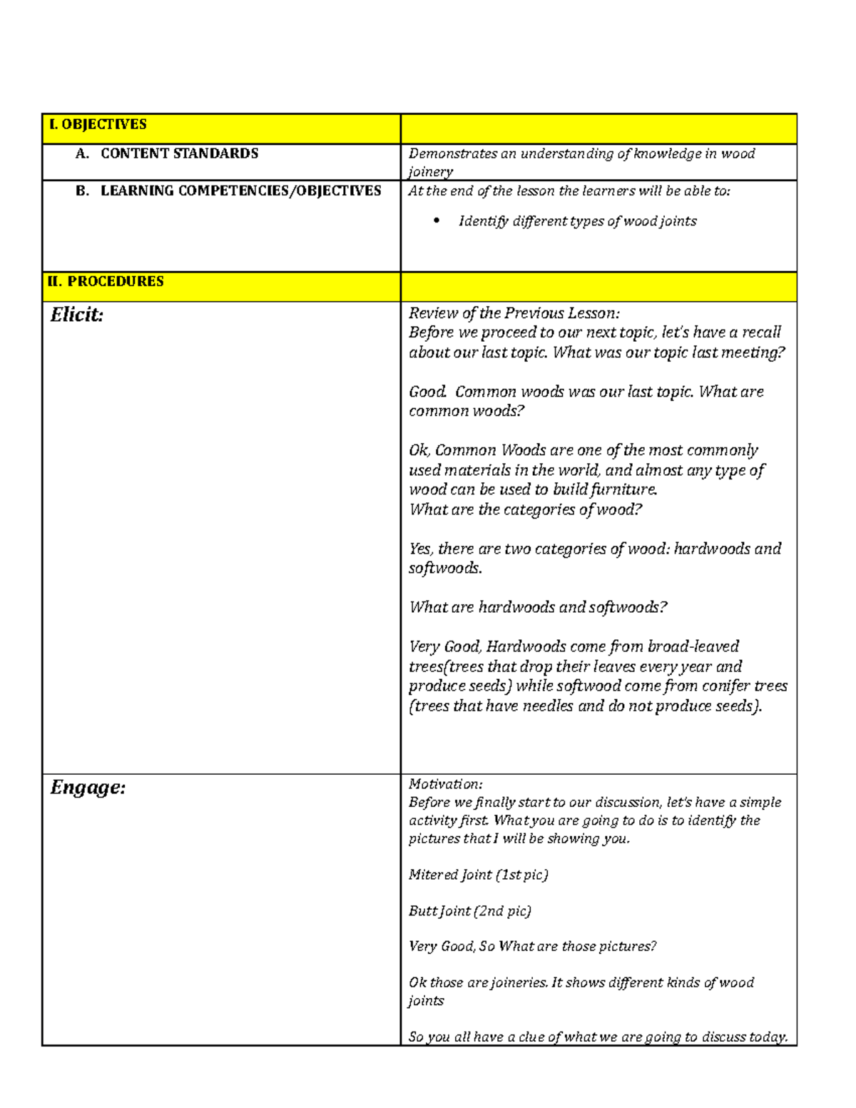 Detailed Lesson Plan on Wood Joinery for Student Teachers - Studocu
