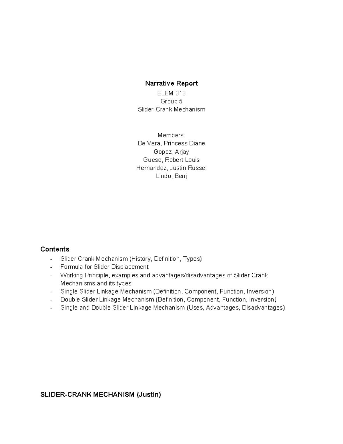 Narrative Report on Slider-Crank Mechanism ELEM 313 Group 5 - Studocu