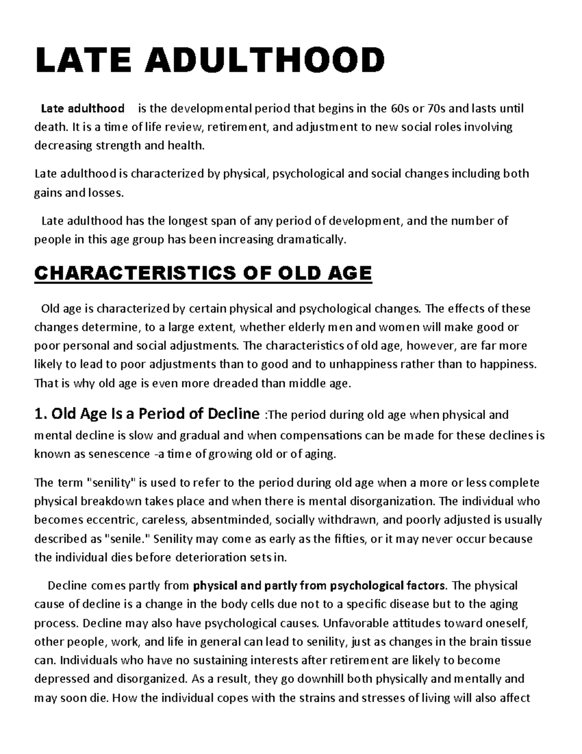 Late Adulthood: Understanding Developmental Changes and Challenges - Studocu