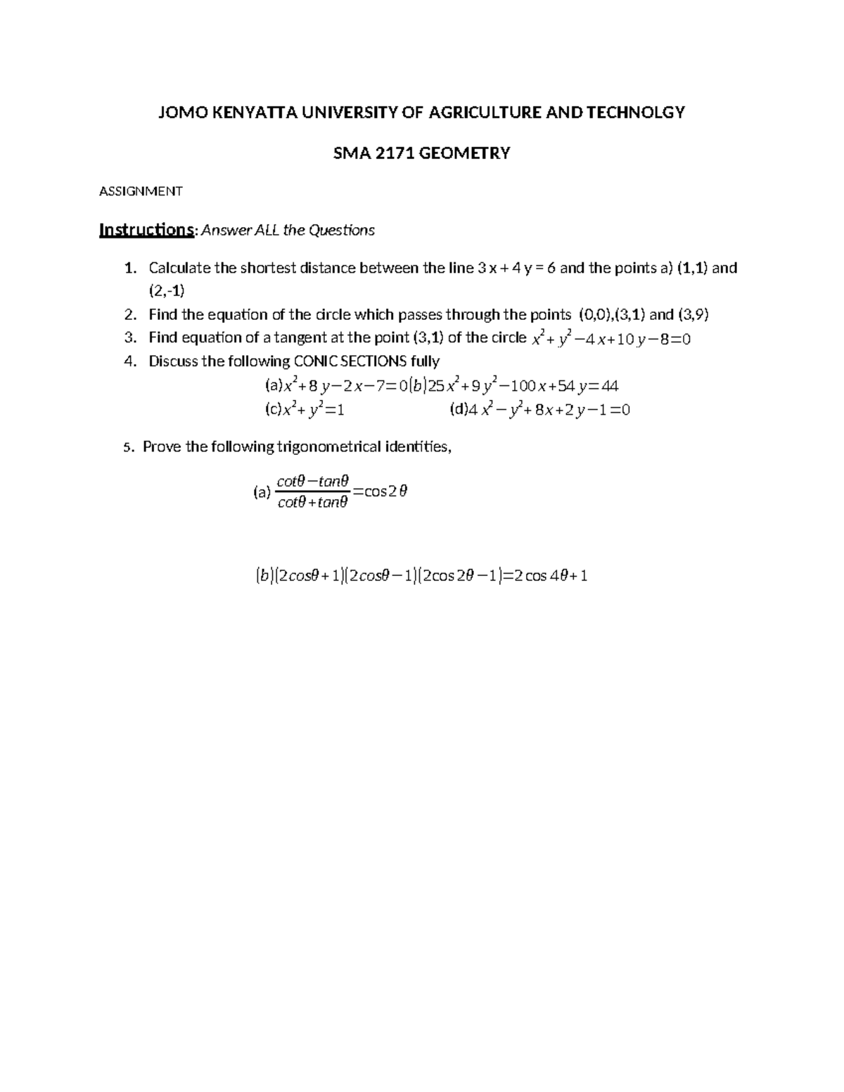 Jkuat SMA 2171 Geometry Assignment: Conic Sections & Trigonometric ...