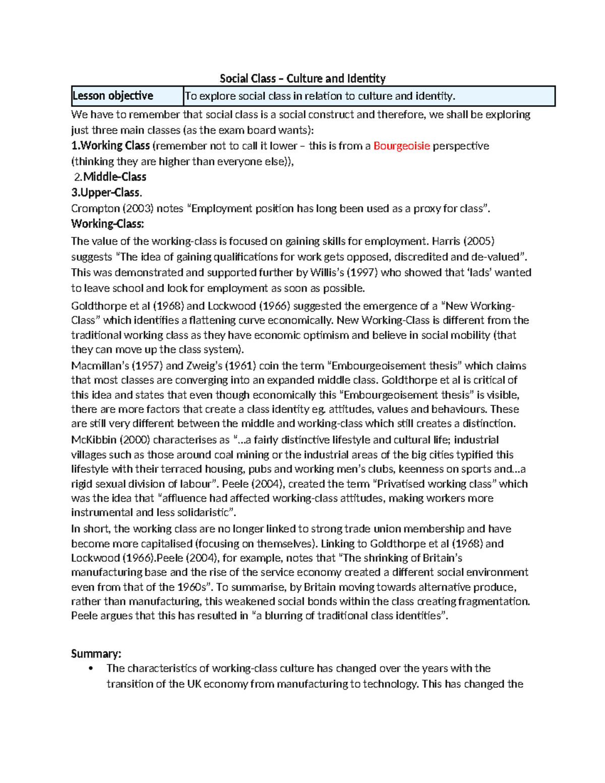 Lesson Objective: Social Class, Culture & Identity (SOC101) - Studocu