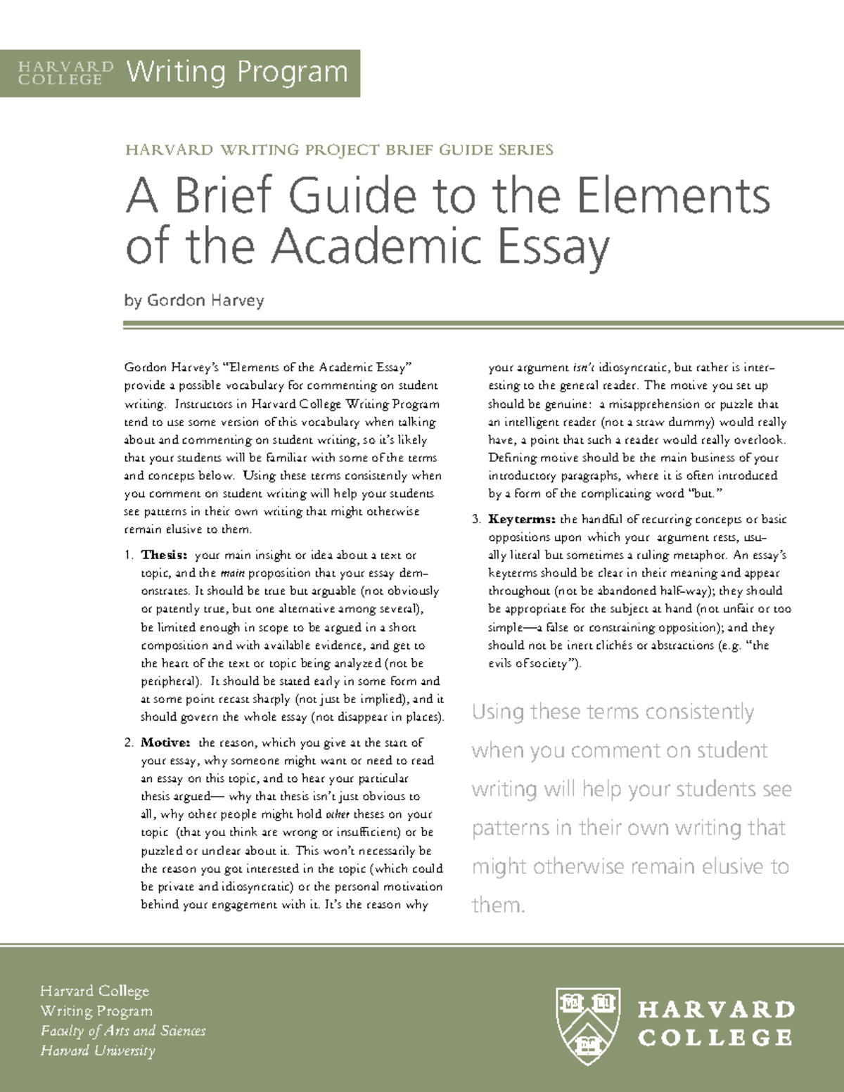 Harvard College Writing Program: A Guide to Academic Essays - Studocu