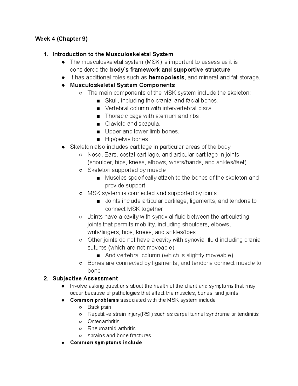 Week 4 (Chapter 9) Overview of the Musculoskeletal System Assessment ...