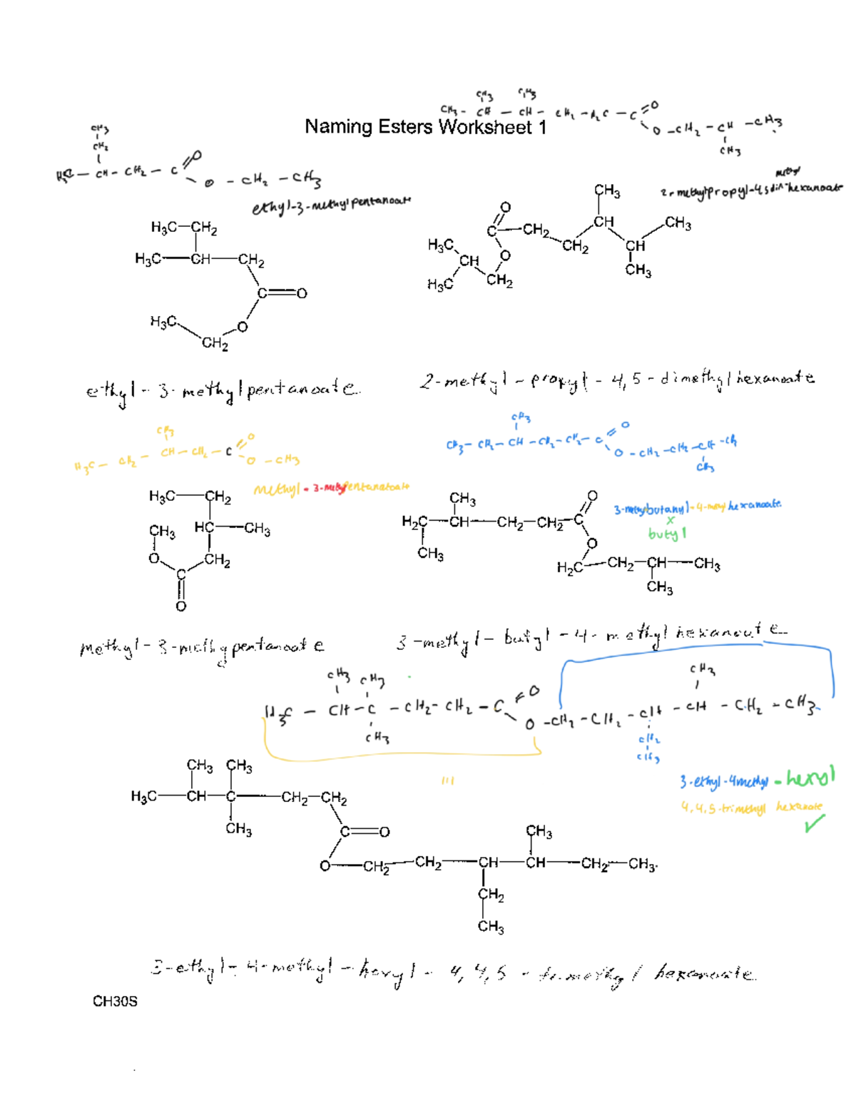 Naming Esters Worksheet 1: Complete Solutions & Explanations - Studocu