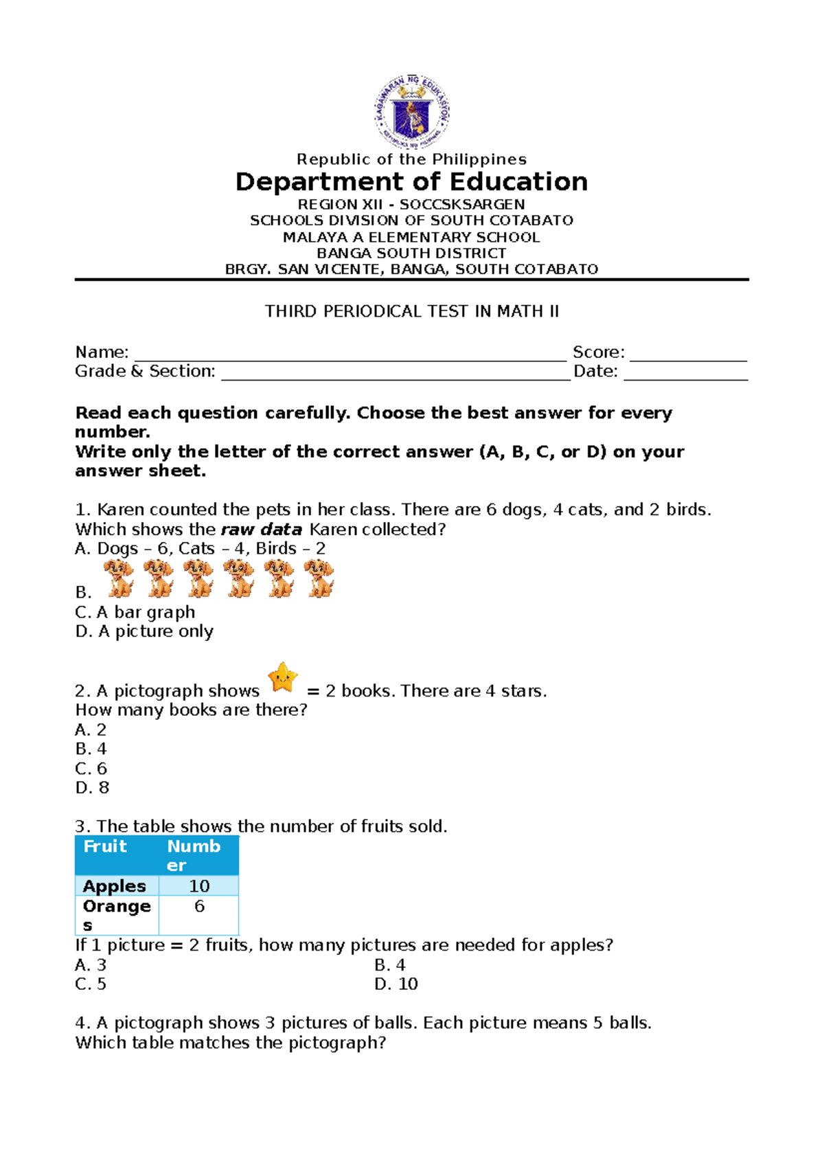 Q3 P TEST MATH II - Periodical Exam Questions and Answers - Studocu