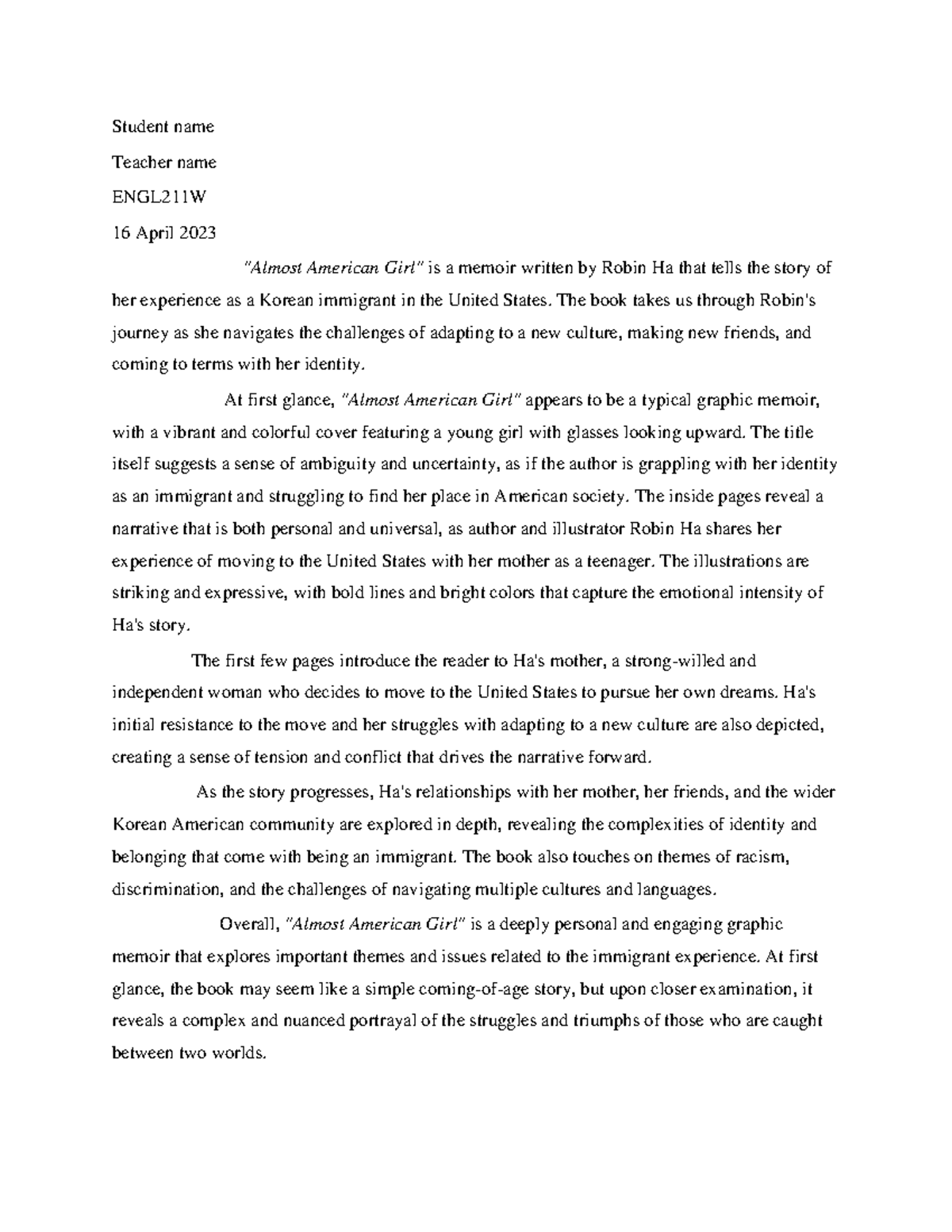 ENGL211W Essay Notes: Insights on "Almost American Girl" Memoir - Studocu