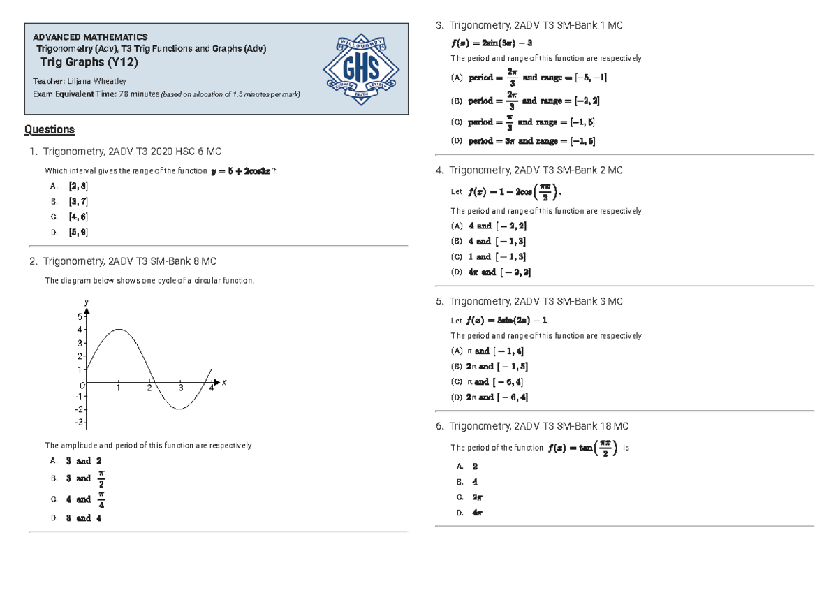 Year 12 Trigonometric Graphs - 2ADV T3 Exam Review - Studocu