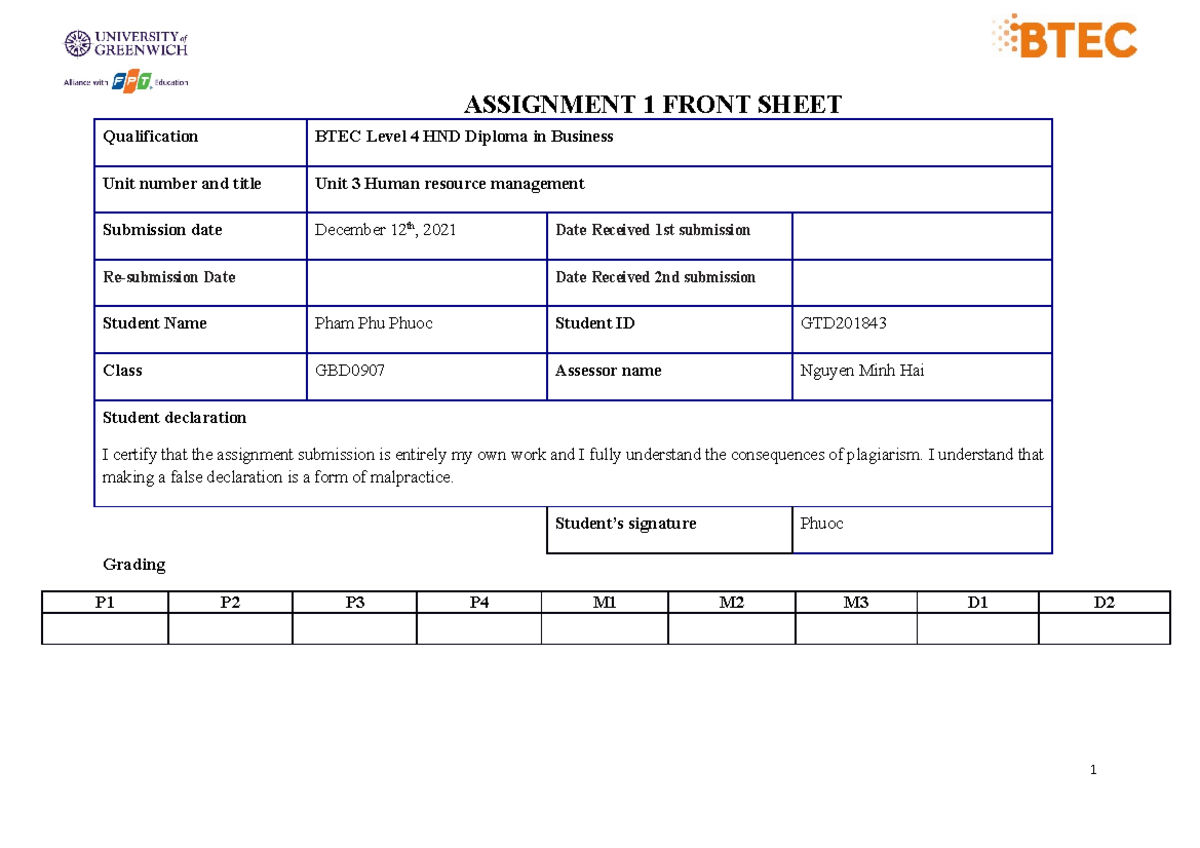 487.Assignment 1 frontsheet (2020 - 2021) - ASSIGNMENT 1 FRONT SHEET Qualification BTEC Level 4 ...