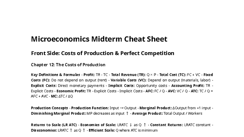 Microeconomics Midterm Cheat Sheet: Costs of Production & Competition ...