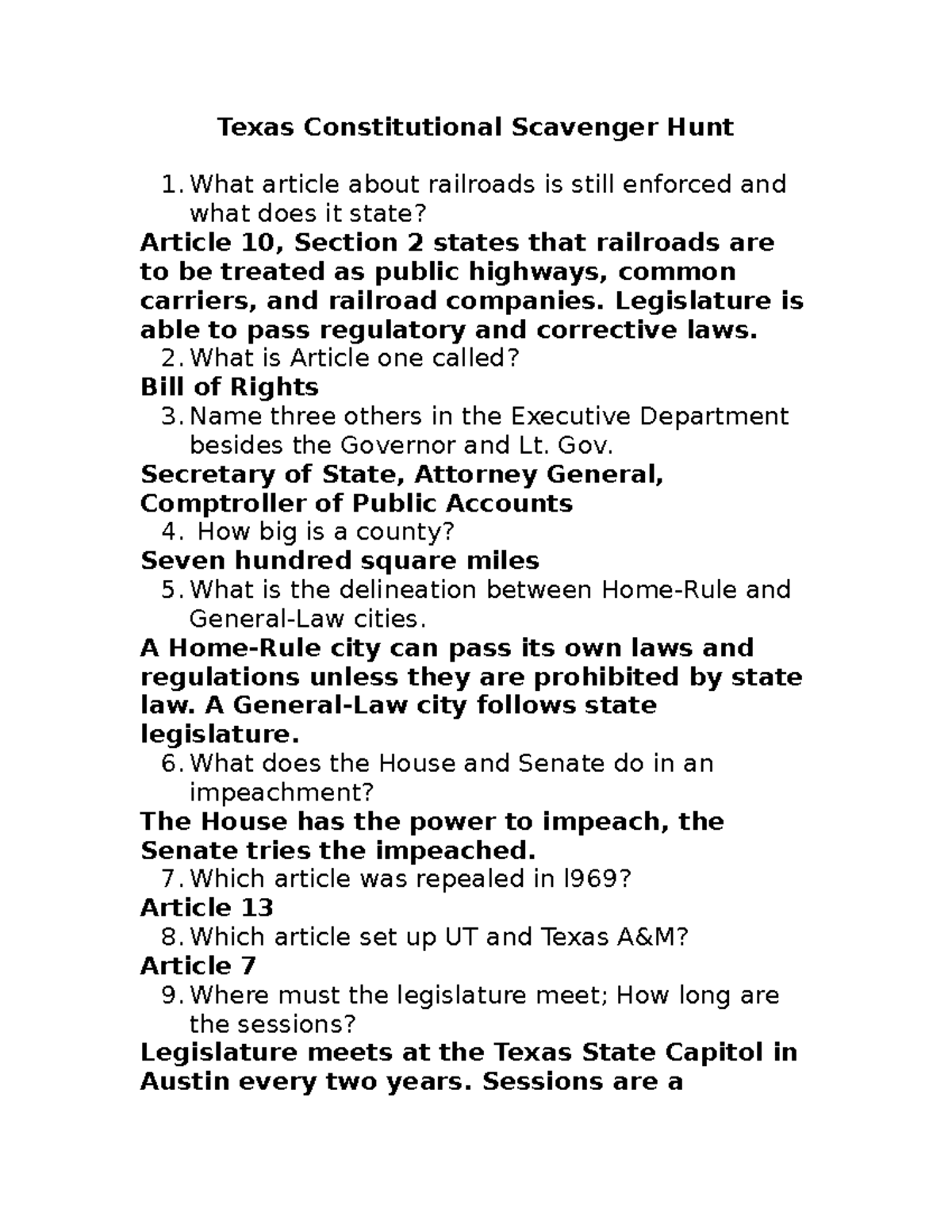 Texas Constitutional Scavenger Hunt - Legislature is able to pass ...
