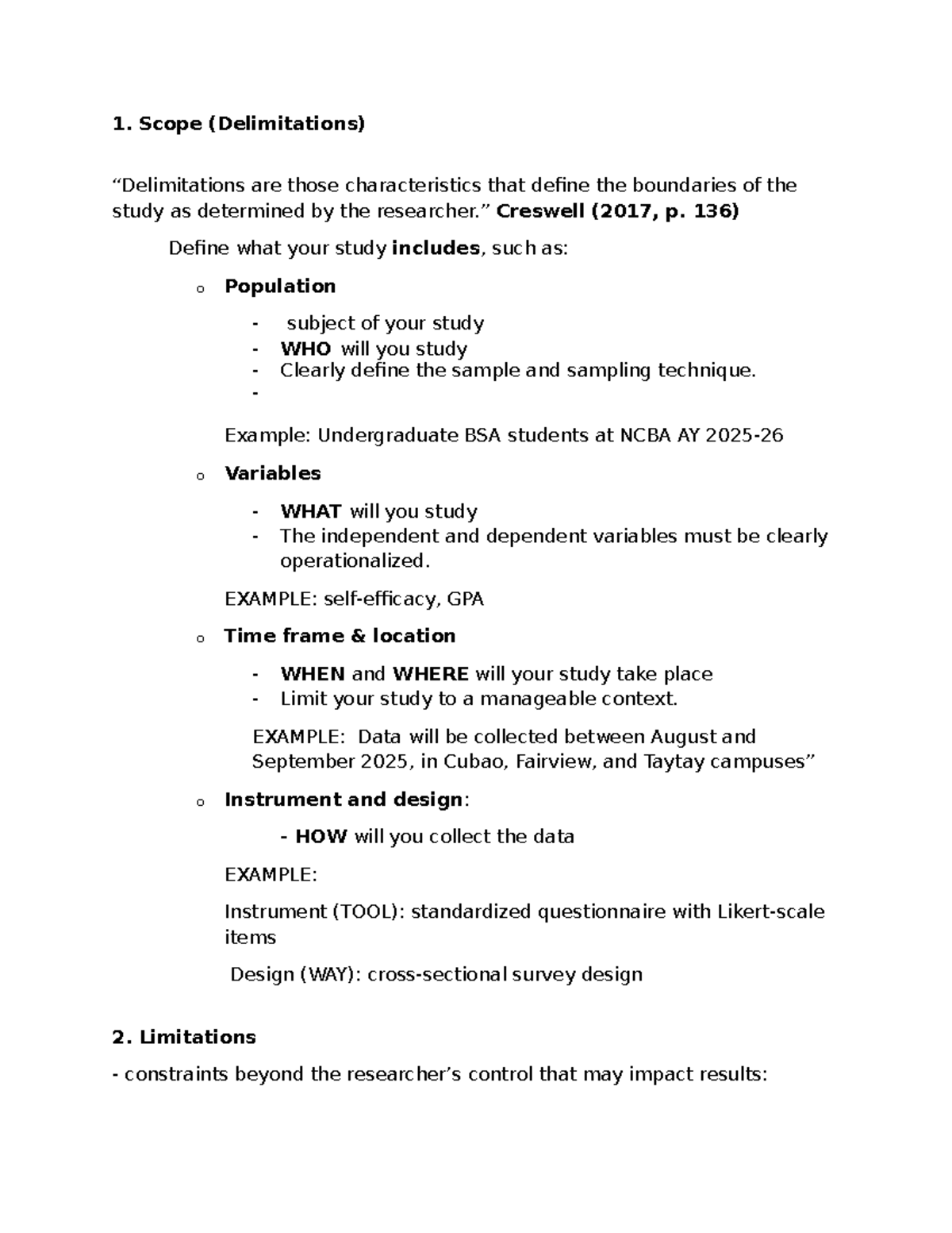 Note - dsda - Scope (Delimitations) “Delimitations are those ...