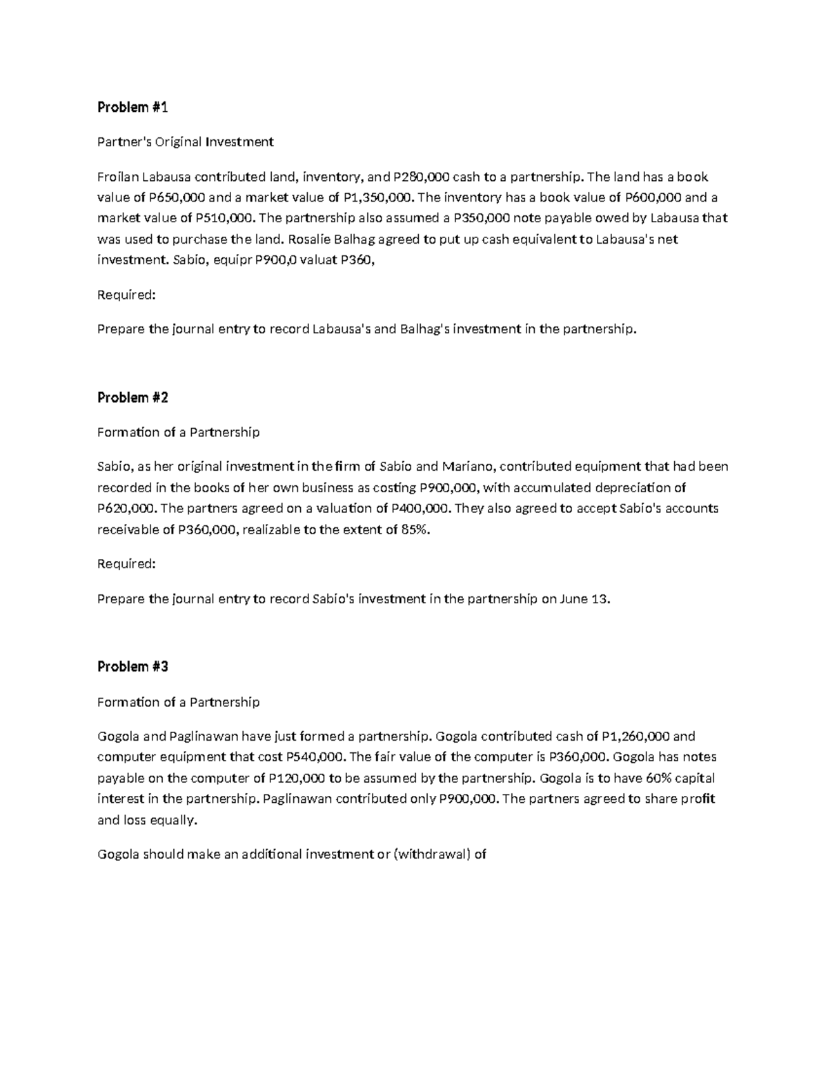 Partnership Formations and Investment Journals for Accounting 101 - Studocu