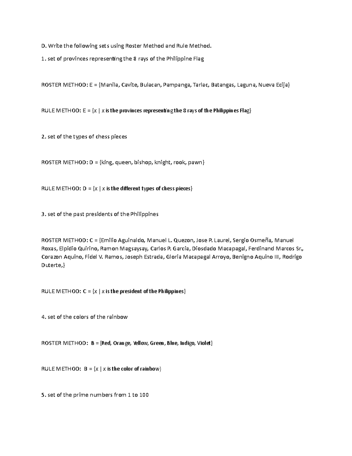 Mathematical Rules - D. Write the following sets using Roster Method and Rule Method. set of ...