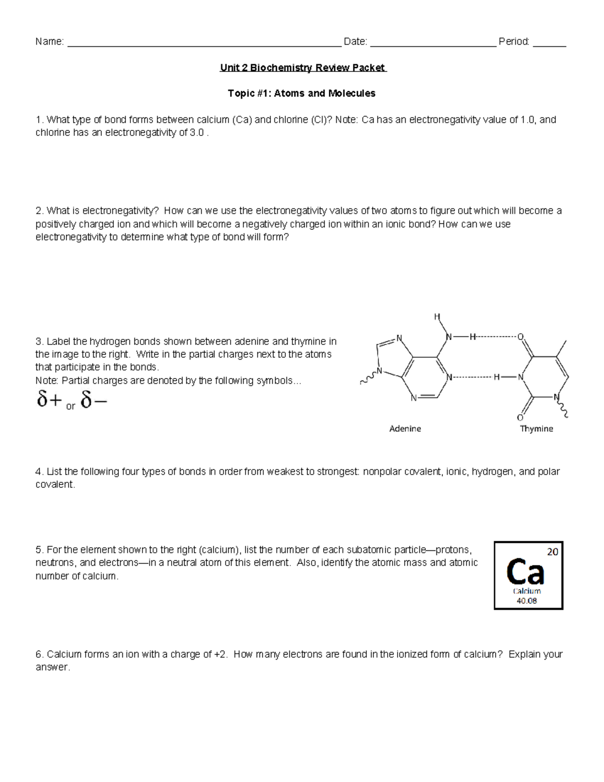 Unit 2 Biochemistry Review Packet: Key Concepts & Questions - Studocu
