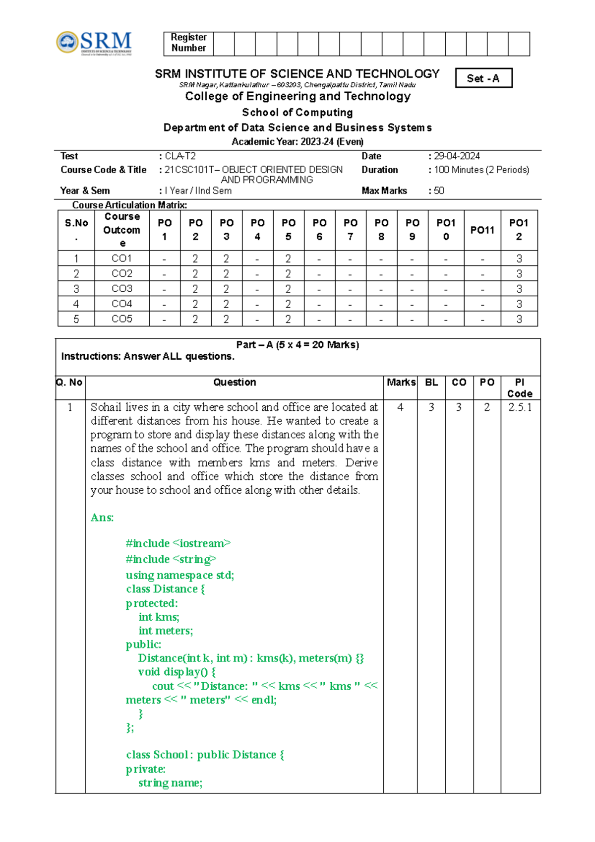 21CSC101T - Question Paper with Codes and Detailed Answers - Studocu
