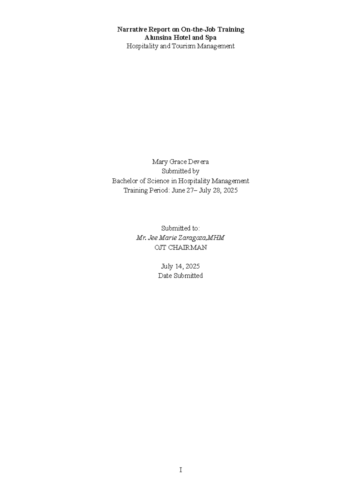 Final Narrative Report on OJT at Alunsina Hotel & Spa - BSHM - Studocu