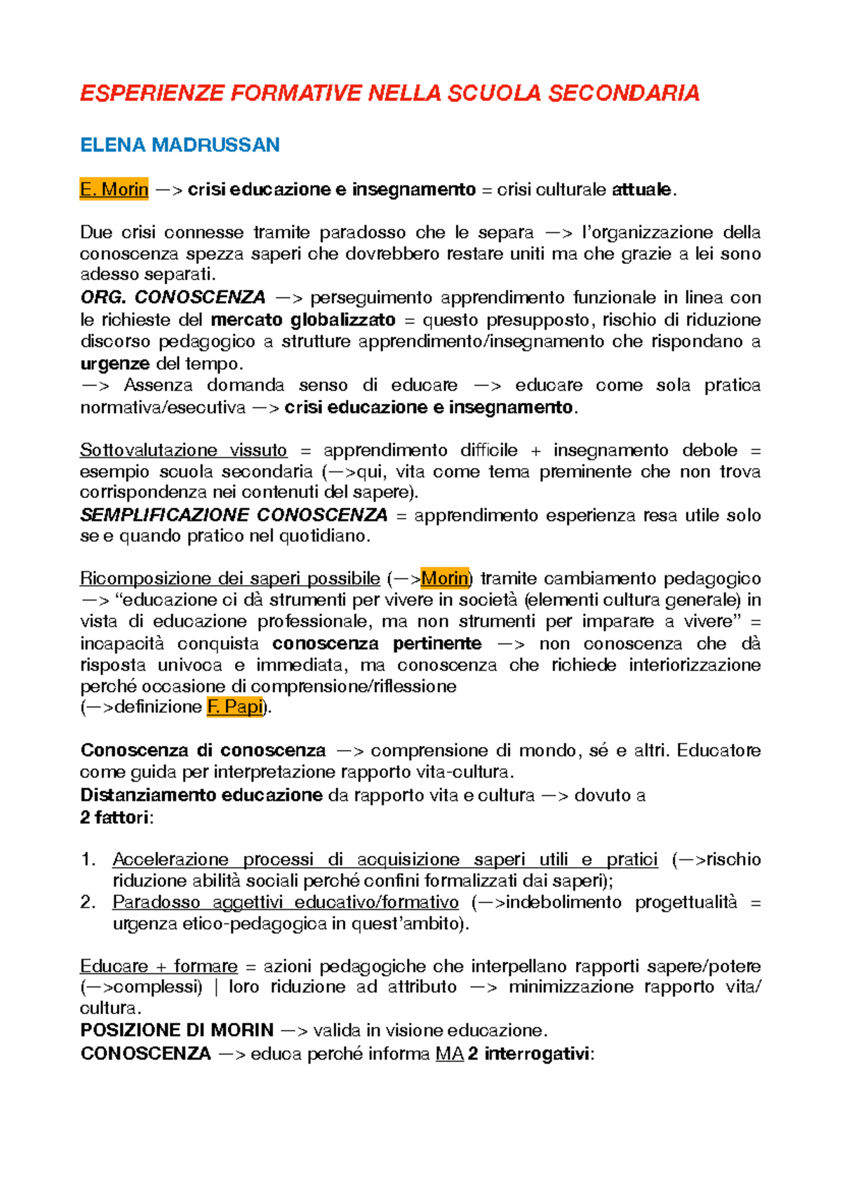 Riassunto del libro "Esperienze Formative" di E. Madrussan - ESPERIENZE FORMATIVE NELLA SCUOLA ...