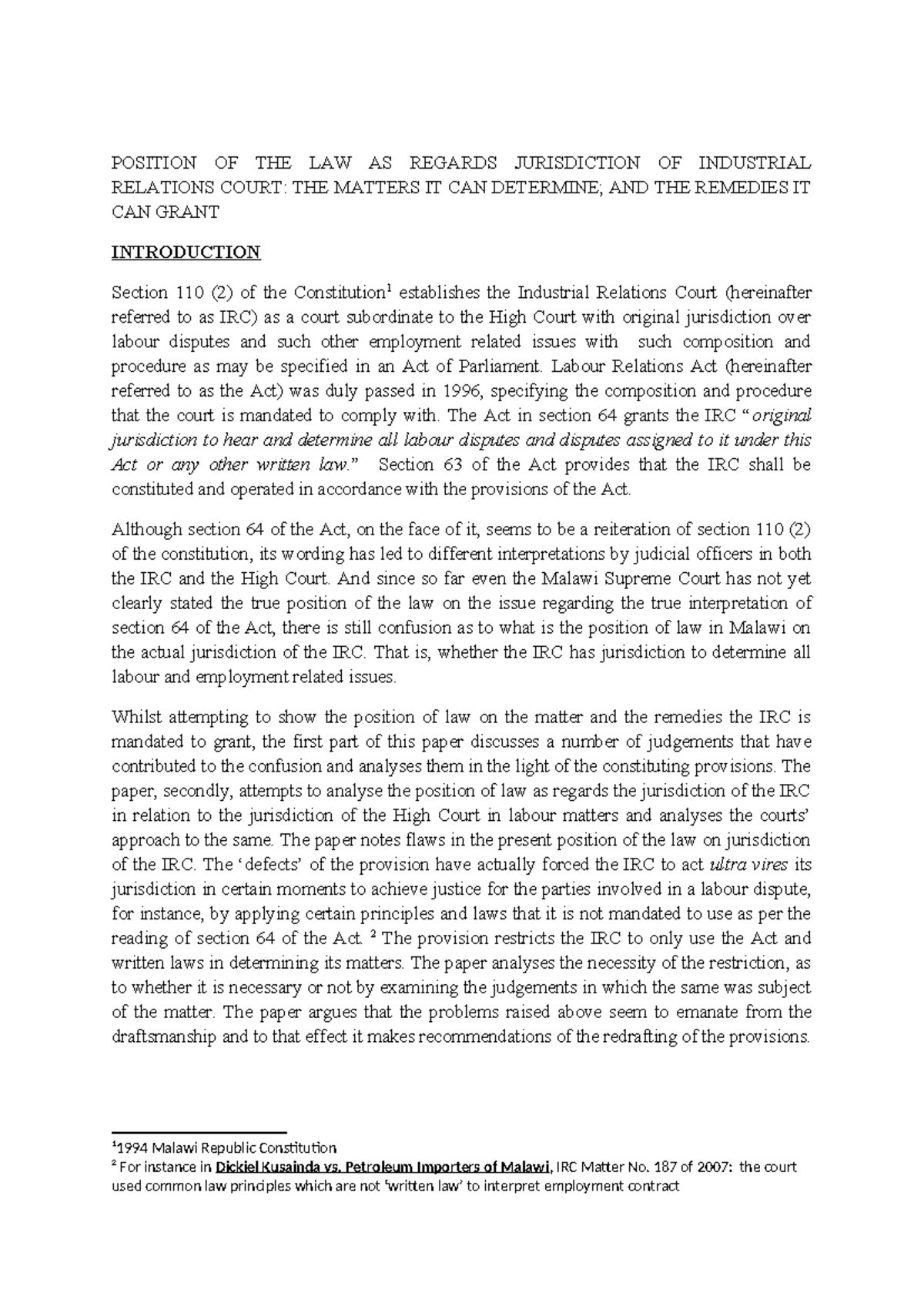 Jurisdiction of the Industrial Relations Court: Legal Framework and ...