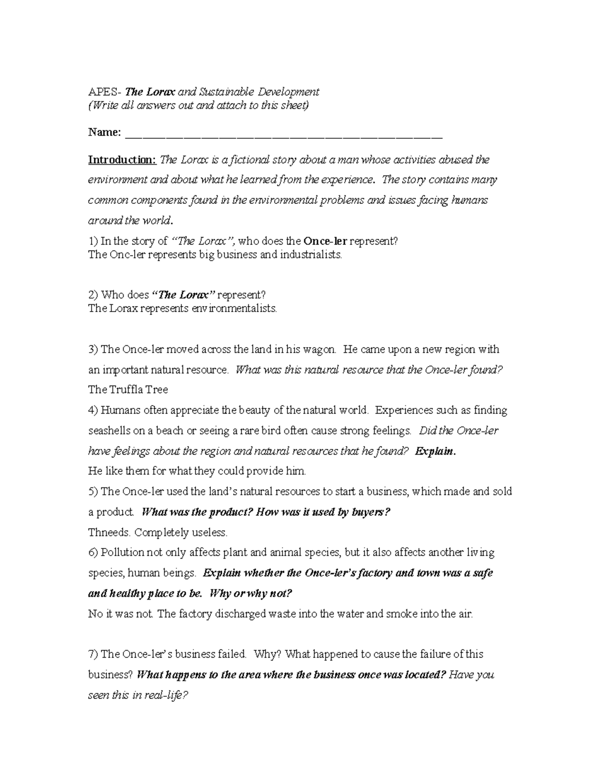 The Lorax and Sustainable Development Activity Answers (ENG 101) - Studocu