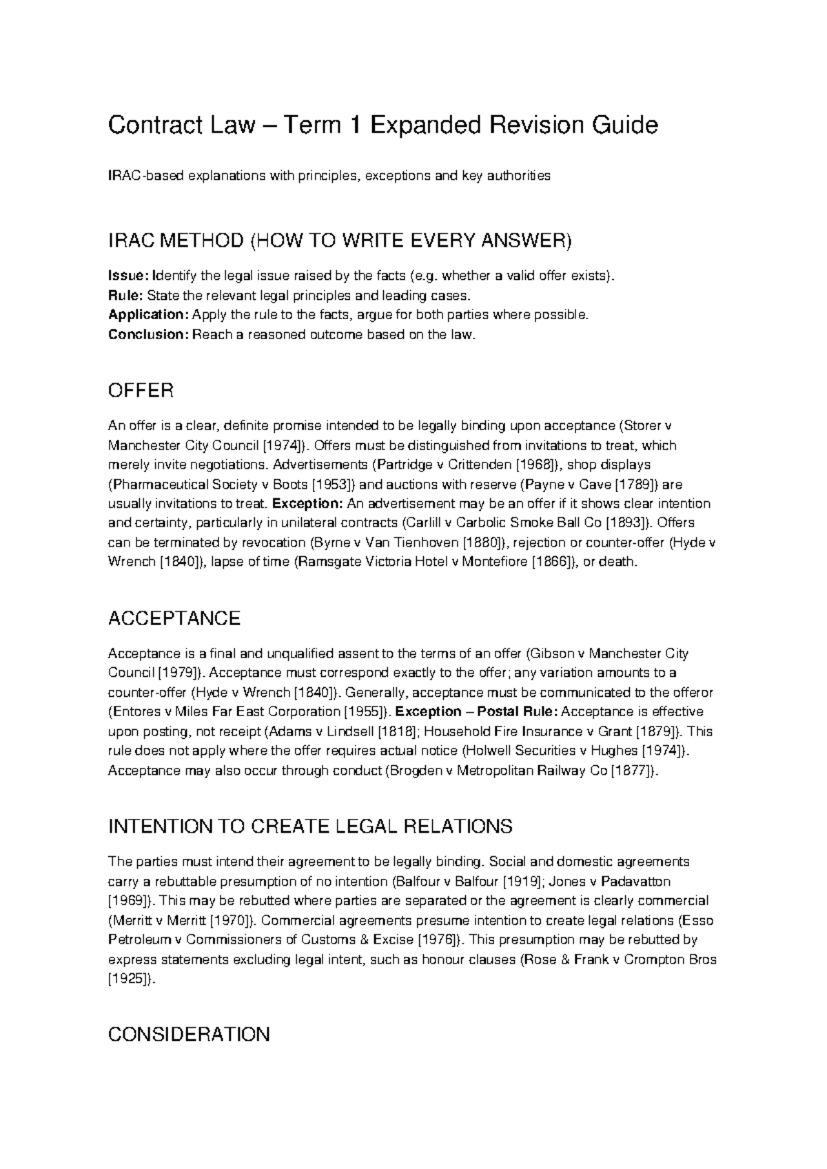 Contract Law Term 1 Revision Guide: Key Principles & IRAC Method - Studocu