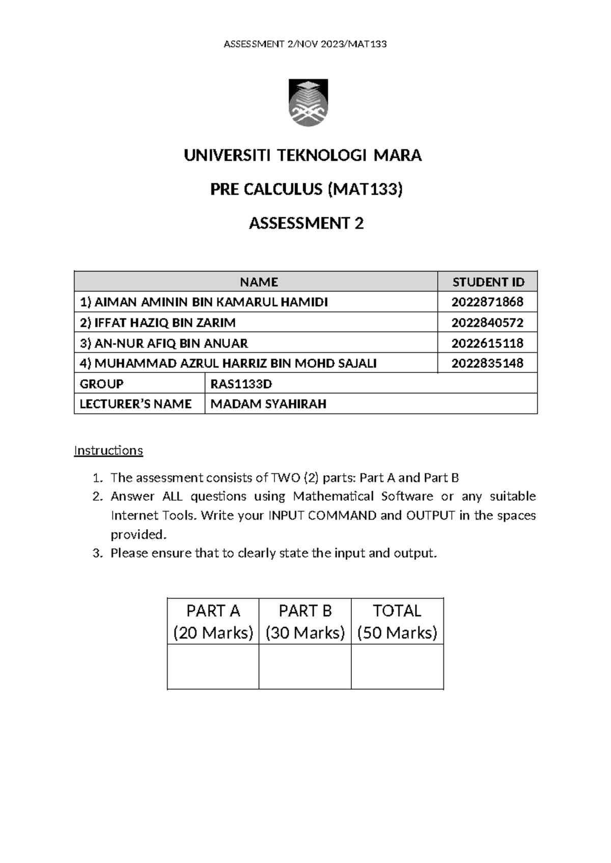 Mat133 Precalculus Assessment 2 Group Work Instructions Studocu