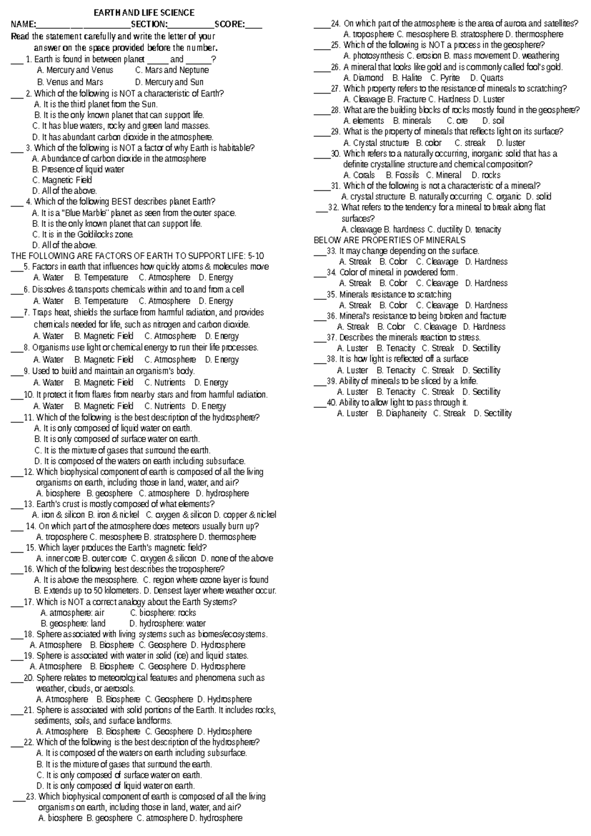 Sample Quiz: EARTH AND LIFE SCIENCE (ES101) - Studocu