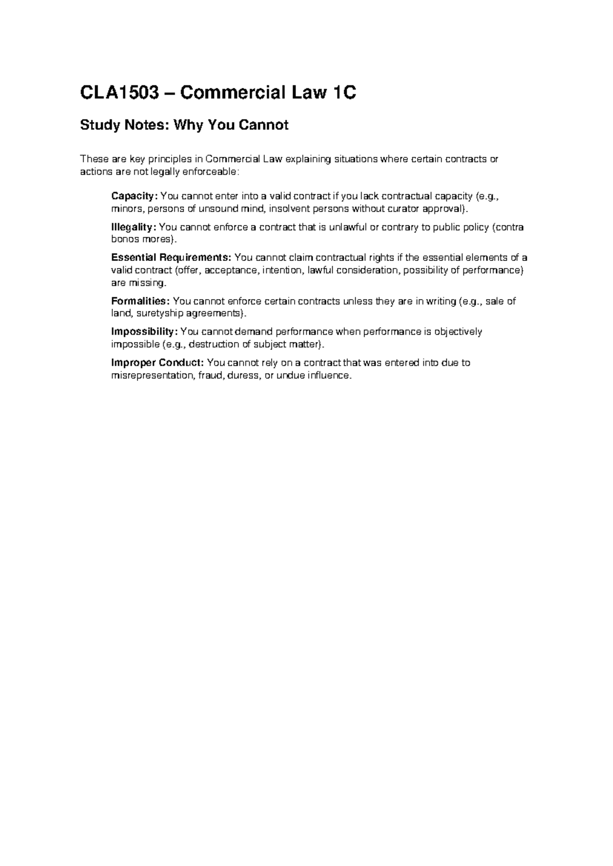 CLA1503 Commercial Law 1C Study Notes: Key Principles of Enforceability ...