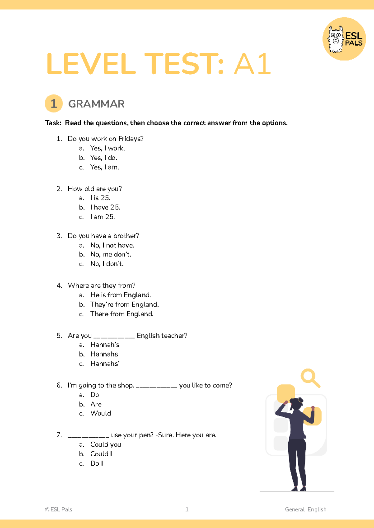 A1 ESL Pals Level Test: Grammar, Listening, and Writing Tasks - Studocu