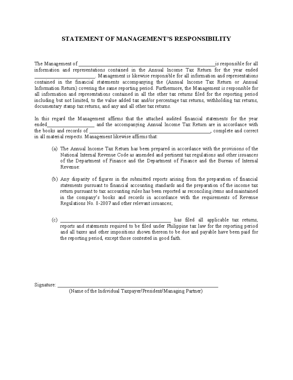 Management Statement for Annual Tax Return (SMR-BIR) - Studocu