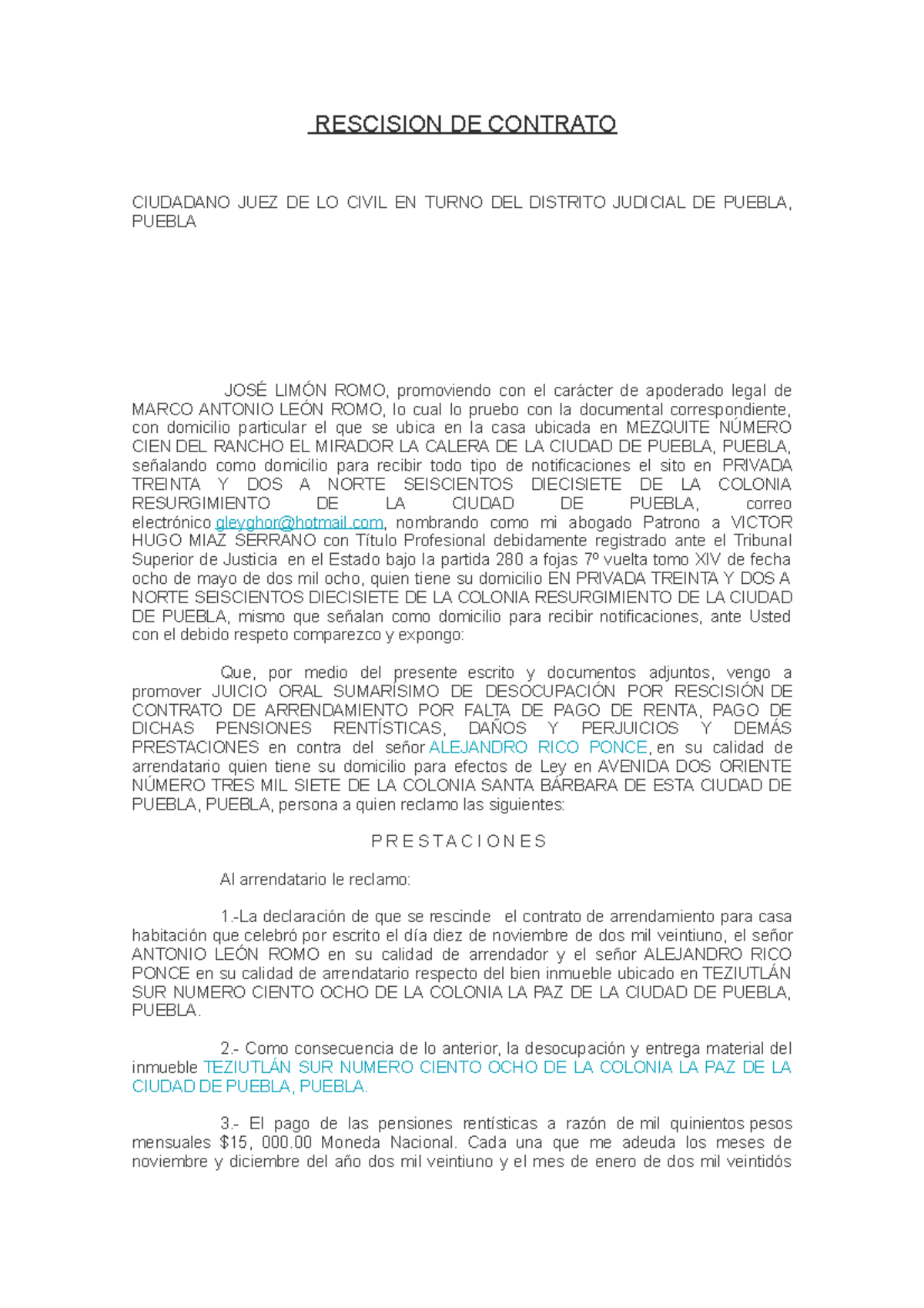 Rescision DE Contrato formato de escrito practico - RESCISION DE ...