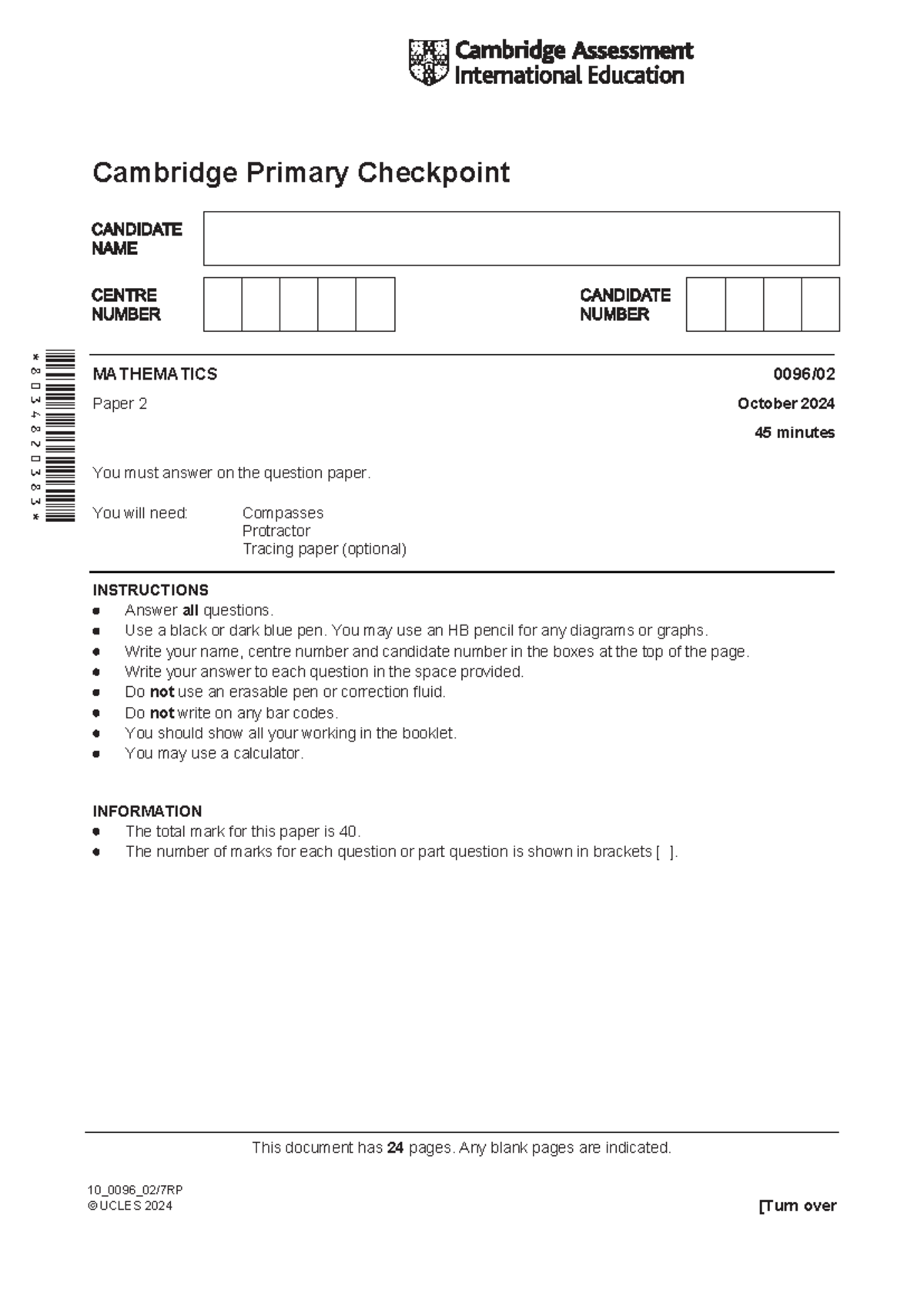 Cambridge Primary Checkpoint Mathematics Paper 2 - October 2024 Exam ...