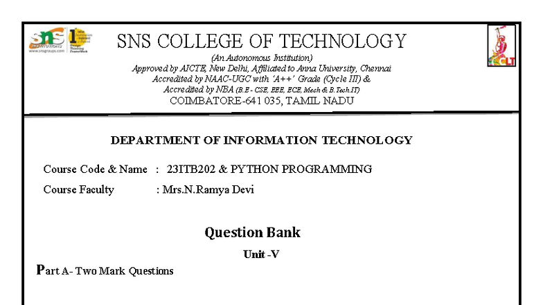 23ITB202 Python Programming Question Bank Unit 5 - Studocu