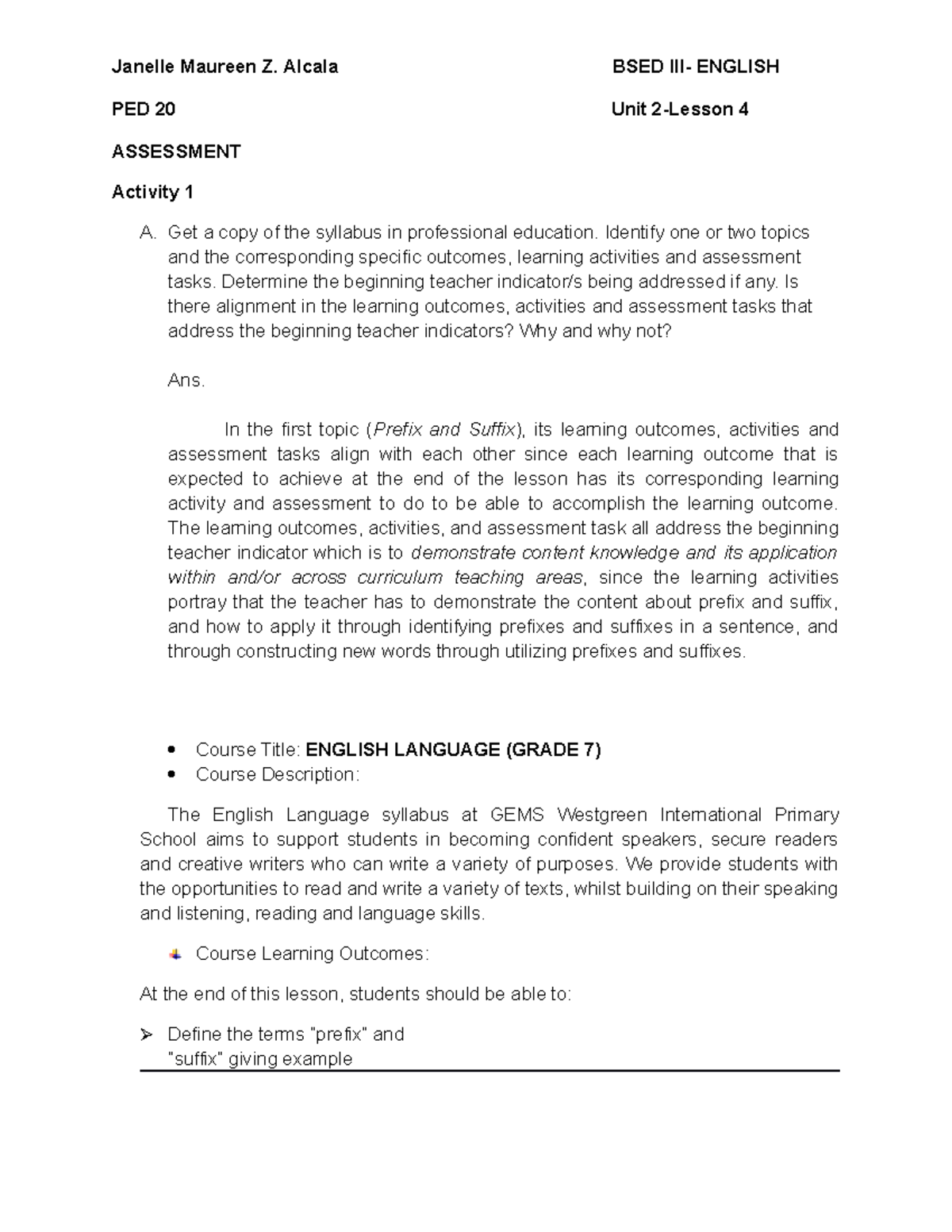 PED 20 Unit 2 Lesson 4 Assessment: Prefix and Suffix Alignment - Studocu
