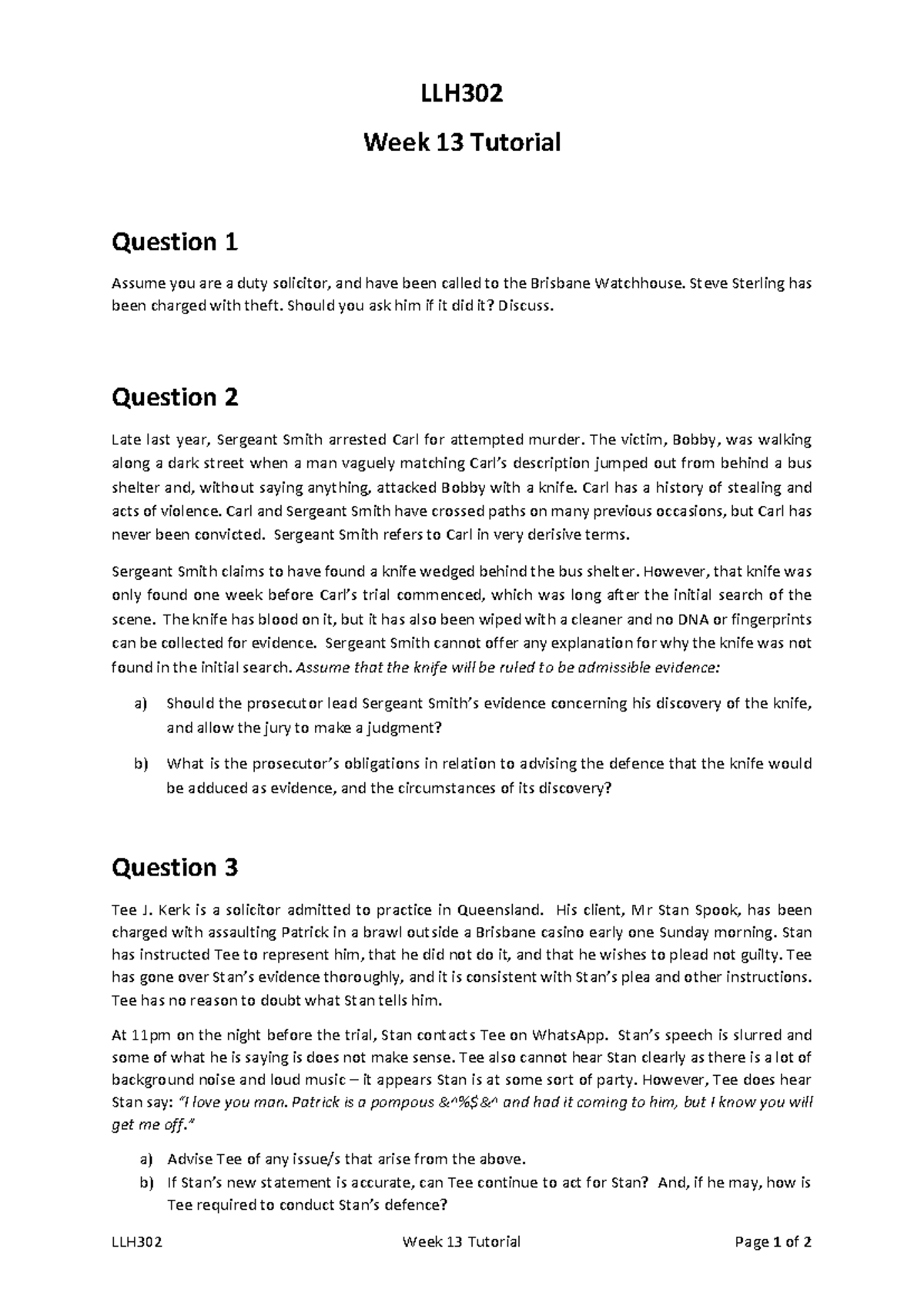 2025 LLH302 Week 13 Tutorial Questions on Legal Ethics and Evidence ...