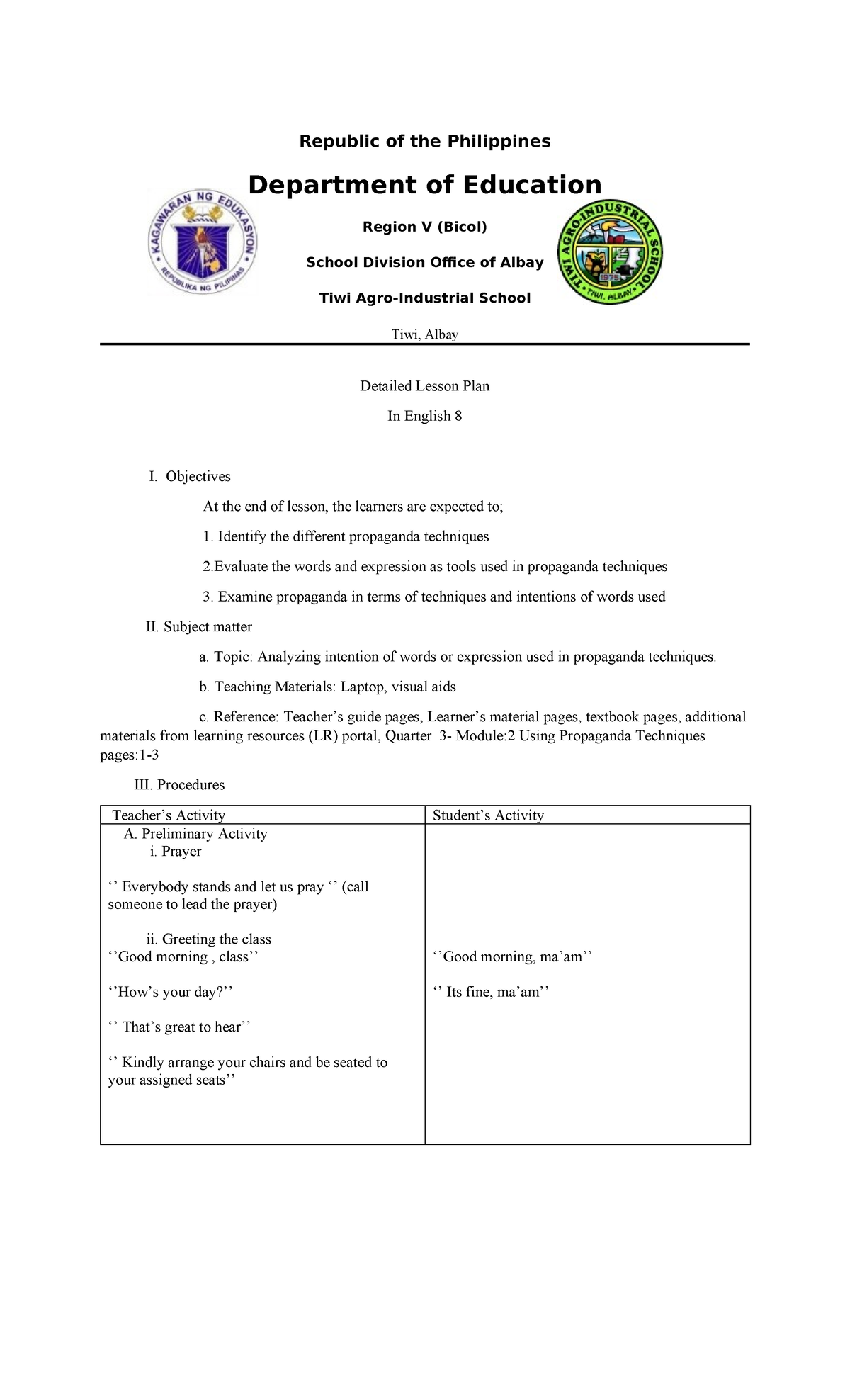 Detailed Lesson Plan (DLP) on Propaganda Techniques for English 8 - Studocu