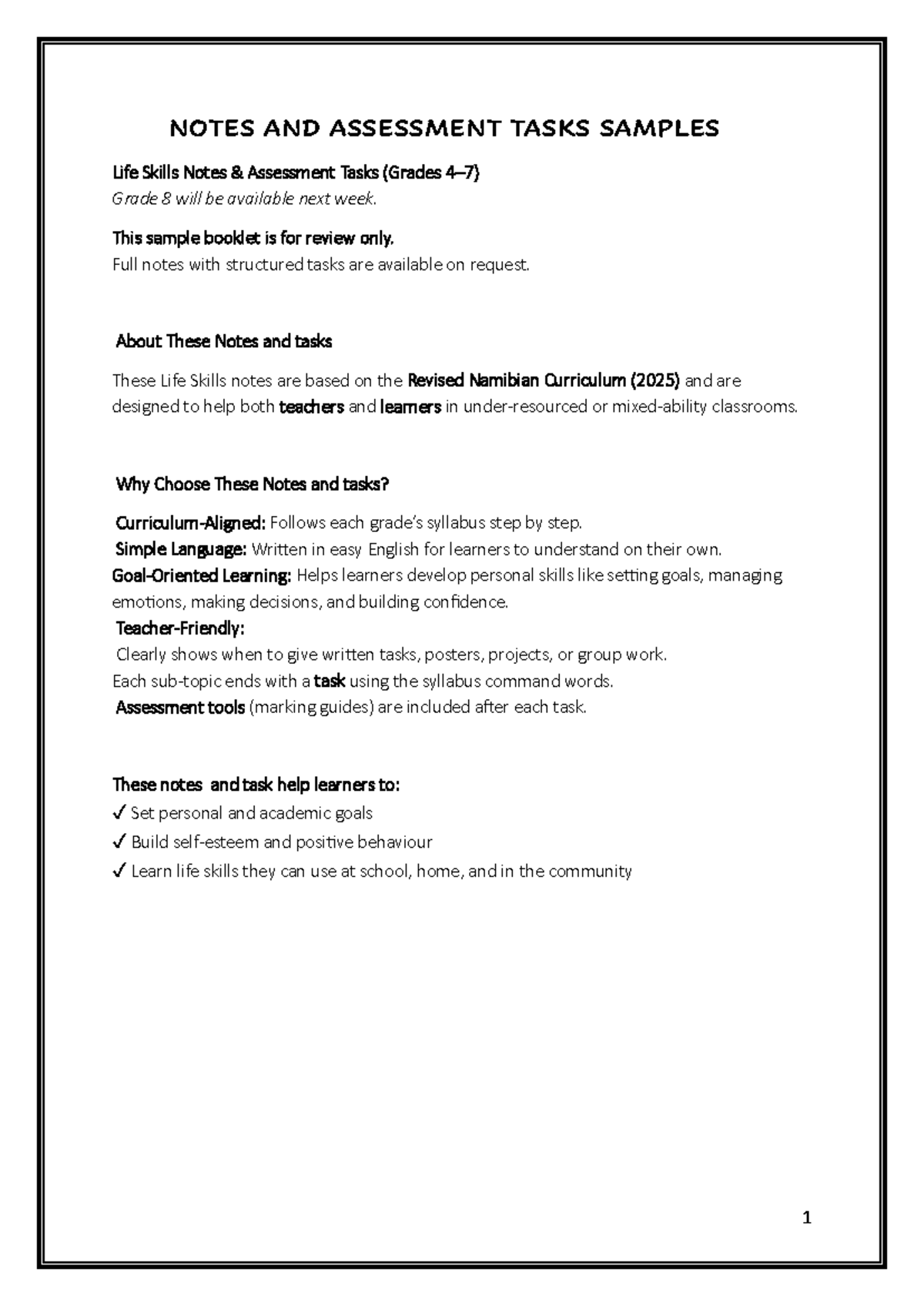 Life Skills Notes & Assessment Tasks Samples (Grades 4-7) - Studocu