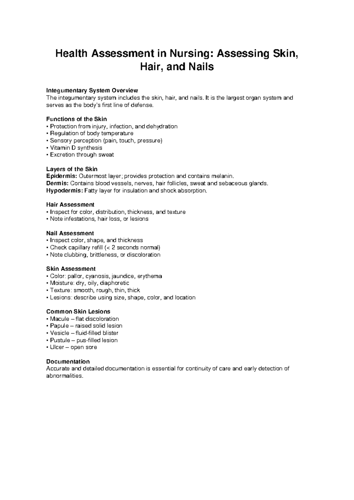 NUR 101: Assessing Skin, Hair, and Nails - Nursing Notes - Studocu