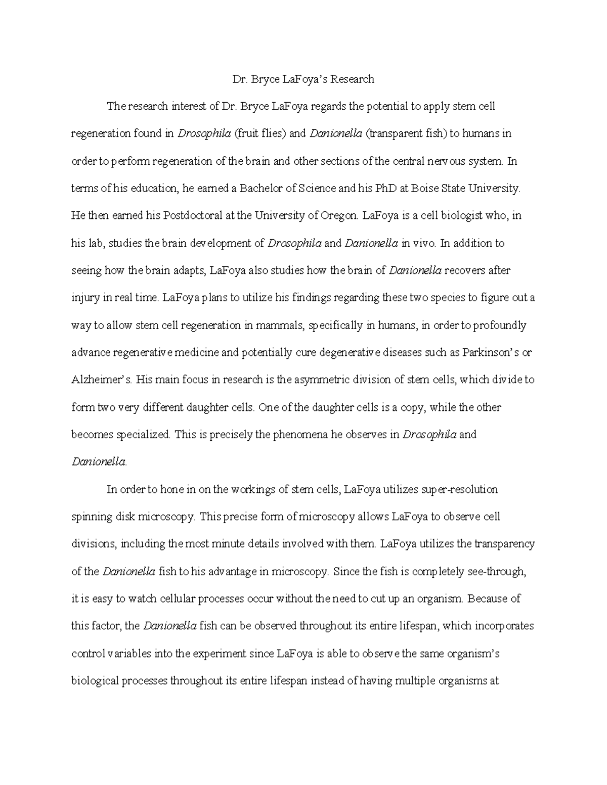 Dr. Bryce LaFoya: Stem Cell Research Insights and Innovations - Studocu